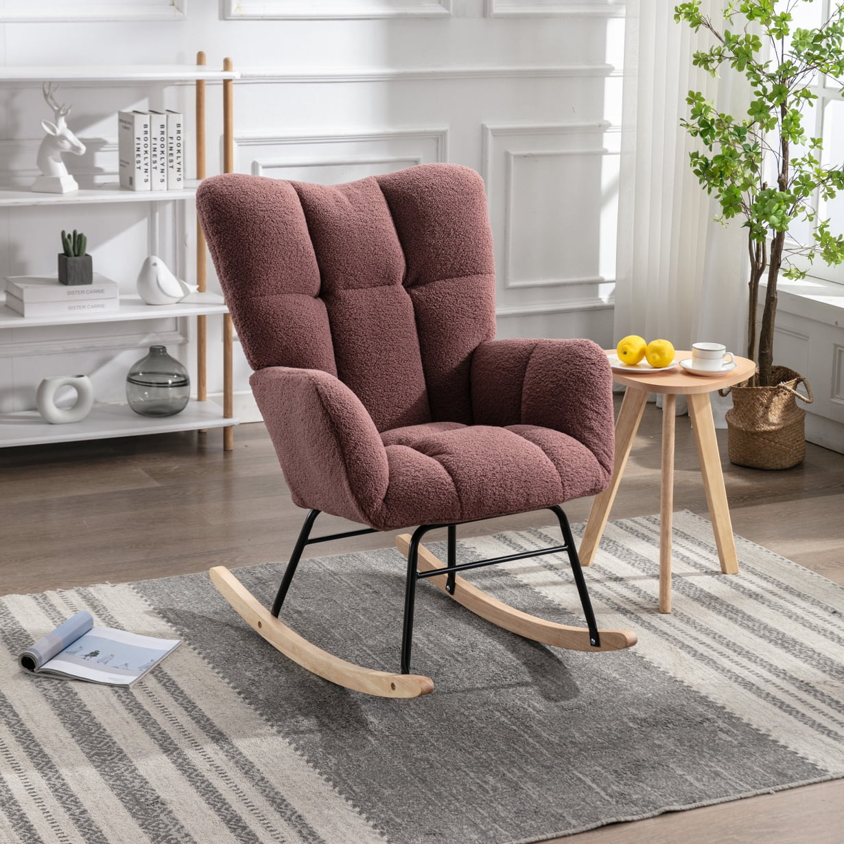 Ergonomic Rocking Chair with Plush Teddy Fabric & Tufted Back ...