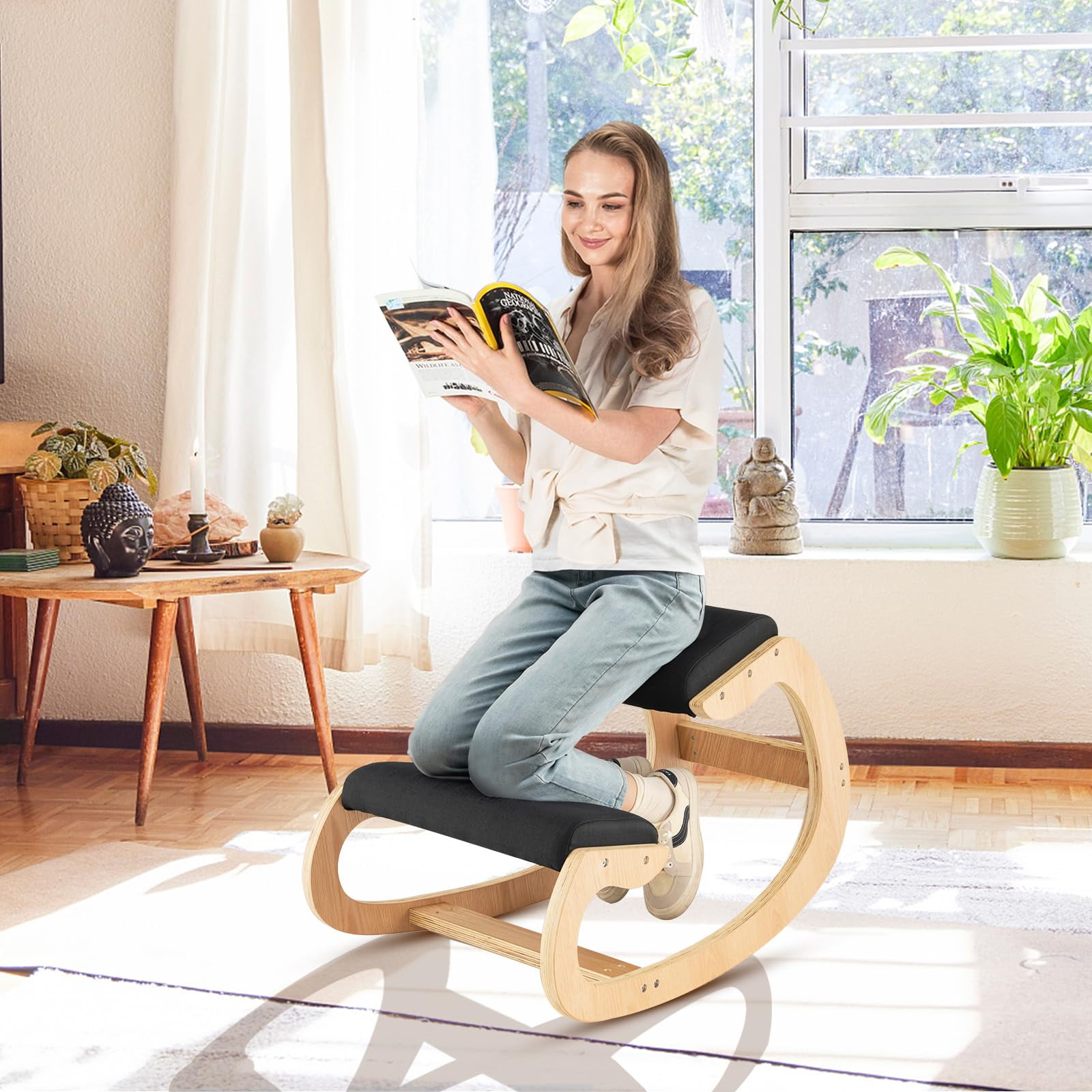 Ergonomic Rocking Kneeling Chair, Solid Wood Posture Chair with Soft ...