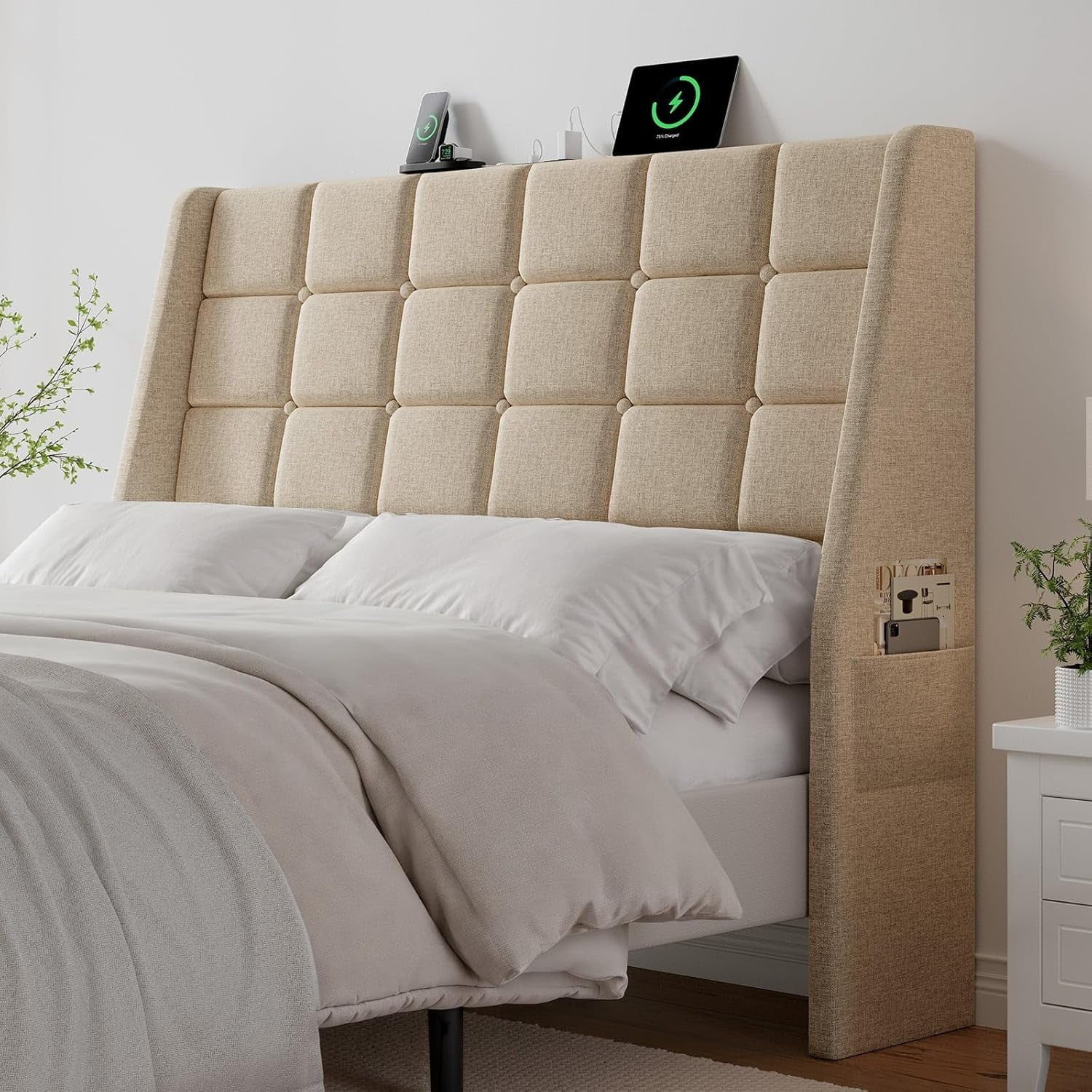 Ergonomic Upholstered Full Size Headboard w/Charging Station, Linen ...
