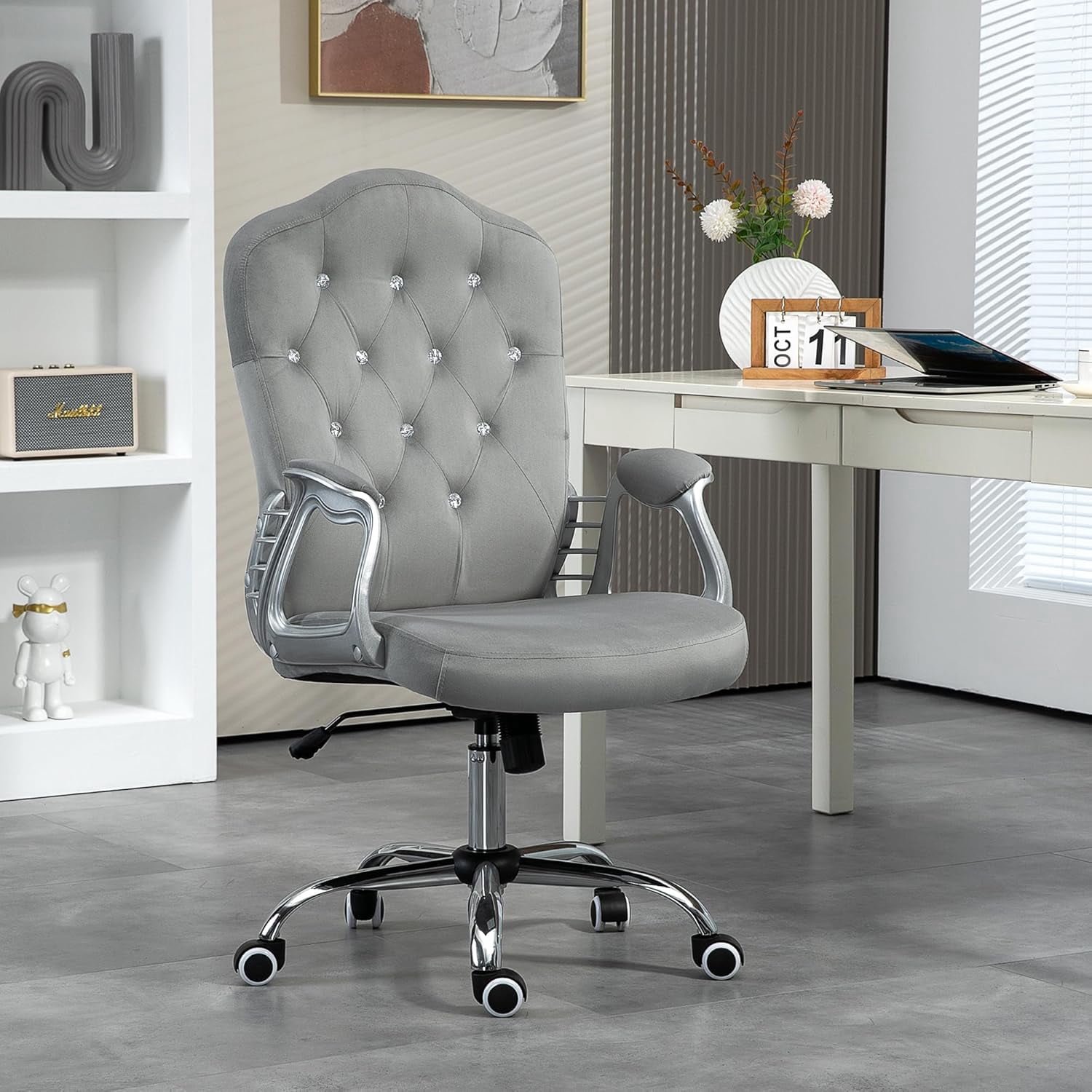 Ergonomic Velvet Office Chair Button Tufted Computer Desk Chair Swivel ...