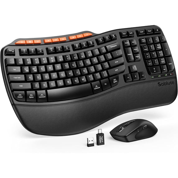 Ergonomic Wireless Keyboard and Mouse Combo, 2.4G Full Size Wave Key ...