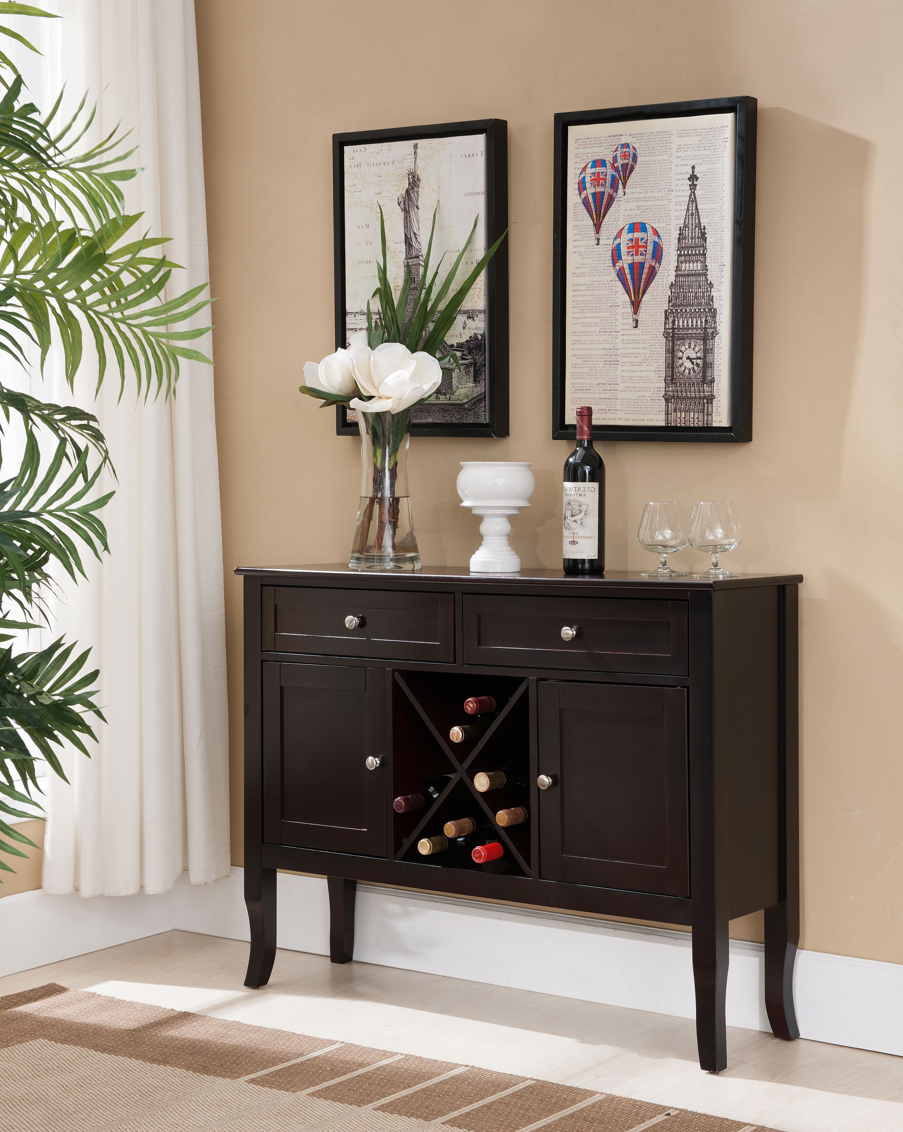 Eric Dark Cherry Wood Contemporary Wine Rack Buffet Display Console Table With Storage Drawers Cabinet Doors