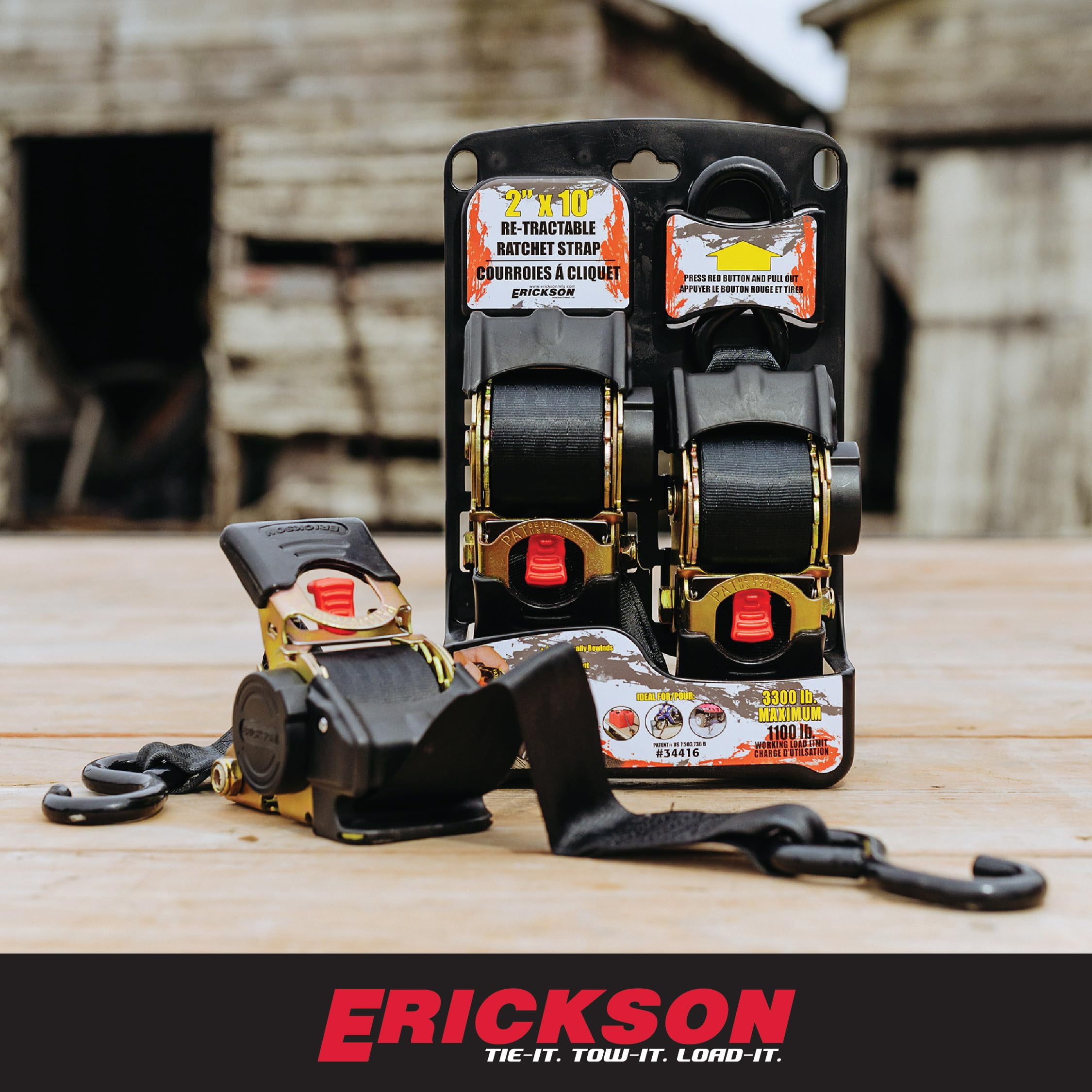 Erickson 2 Pk 2"X10' 3300 Lb Re-Tractable Ratchet Tie Downs Black ...