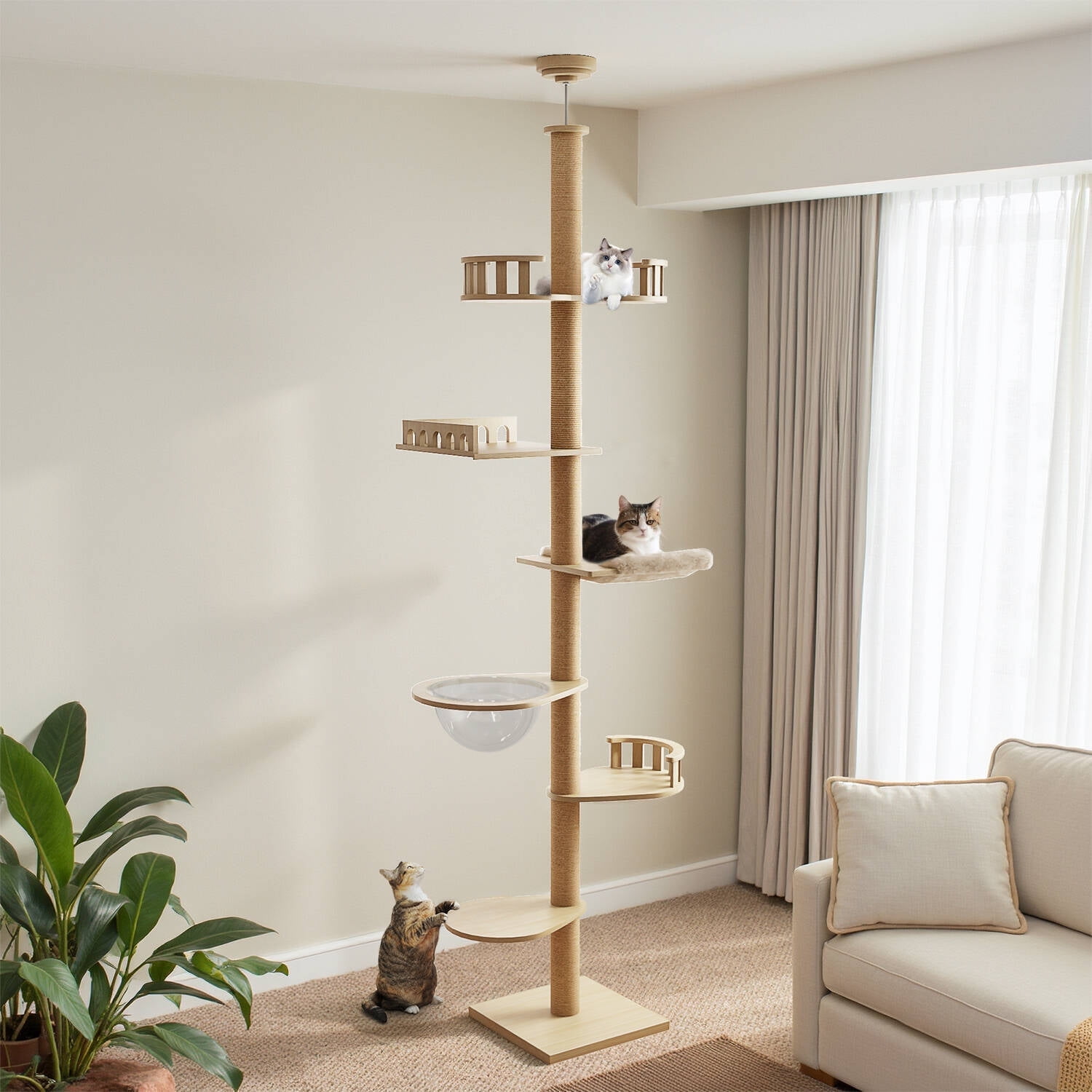 Erinnyees Floor to Ceiling Cat Tree Adjustable 86-106", 6-Level Wood ...