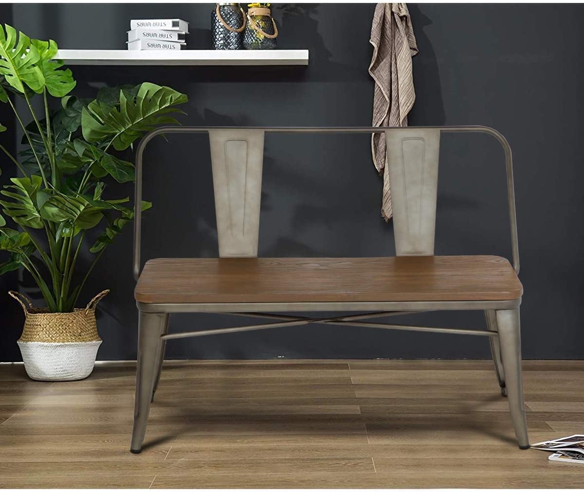 Erinnyees Metal Bench Industrial Mid-Century 2 Person Chair with Wood ...