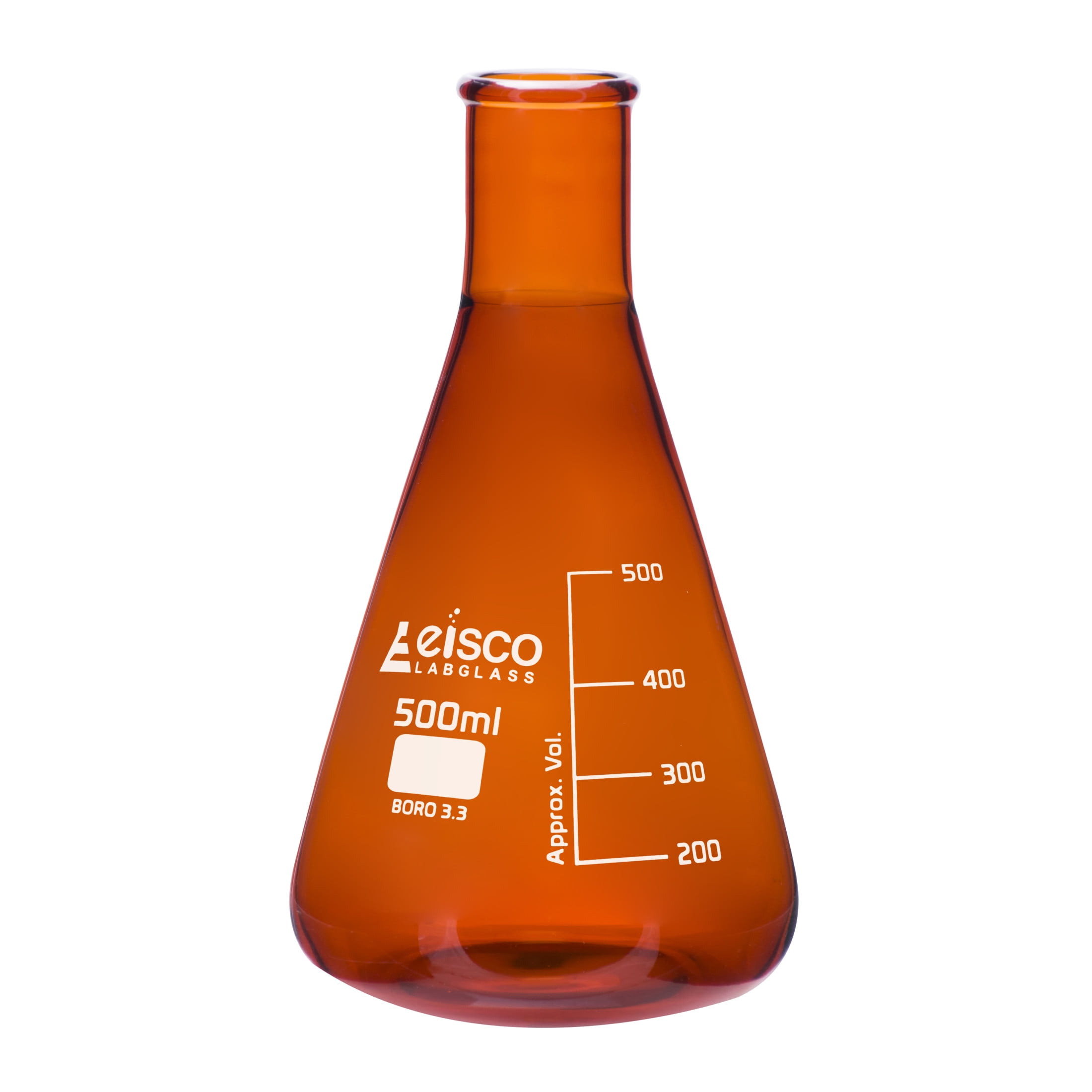 Erlenmeyer Flask, Amber, 500mL - Borosilicate Glass - Narrow Neck Flasks, Conical Flasks, Glass ...