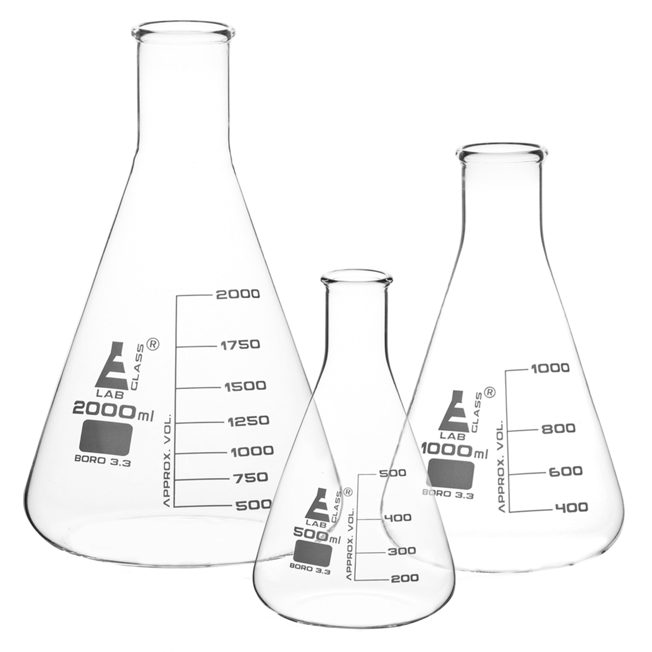 Erlenmeyer Flasks Set, 3 Pieces - 500ml, 1000ml & 2000ml - Borosilicate Glass - Narrow Neck ...