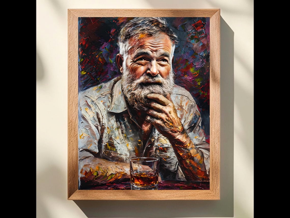 Ernest Hemingway Bar Cart Art, Bourbon Decor, American Author Gift For ...