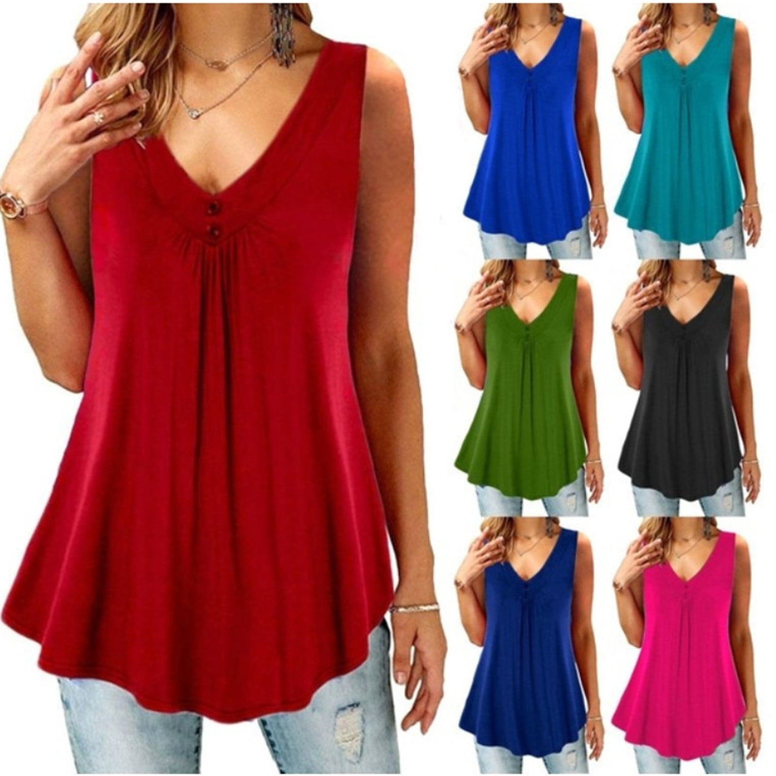 safuny Clearance Women's Flowy Swing Tunic Tank Tops Solid Pleated ...