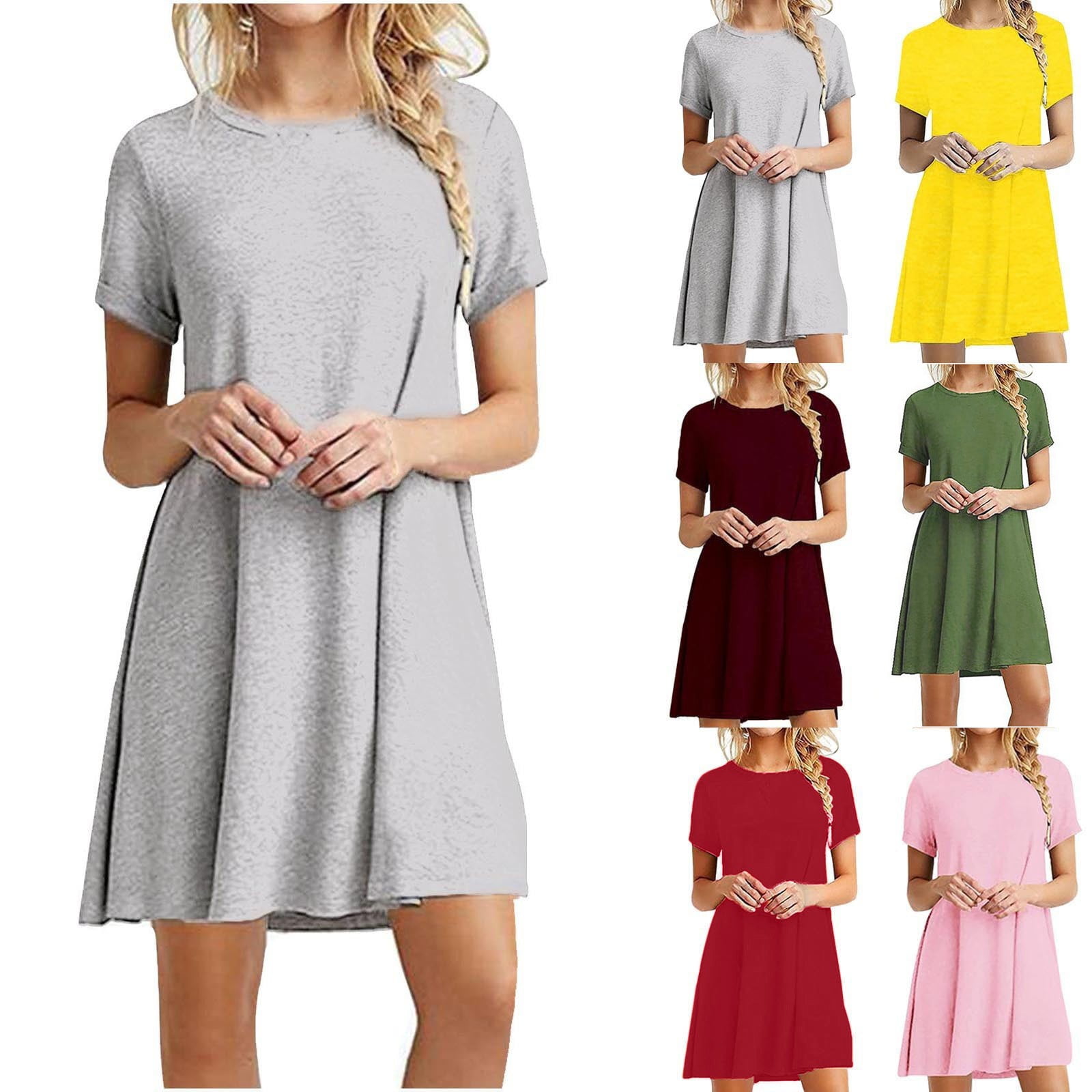 Safuny Savings Womens Knee High Dress Dressy Loose High Waist Swing Mini Mide Calf Dress Comfy