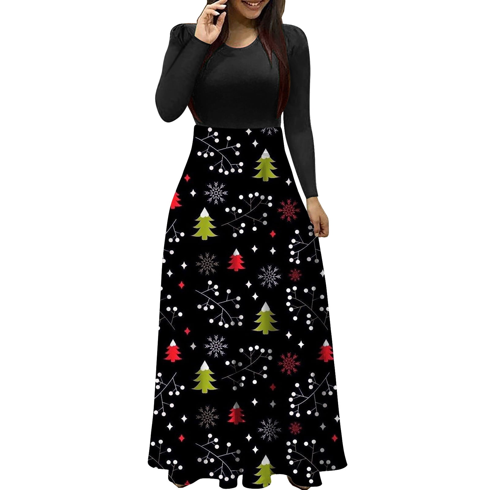 Ernkv Women's Long Sleeve Ankle Dress Christmas Print Round Neck Long ...