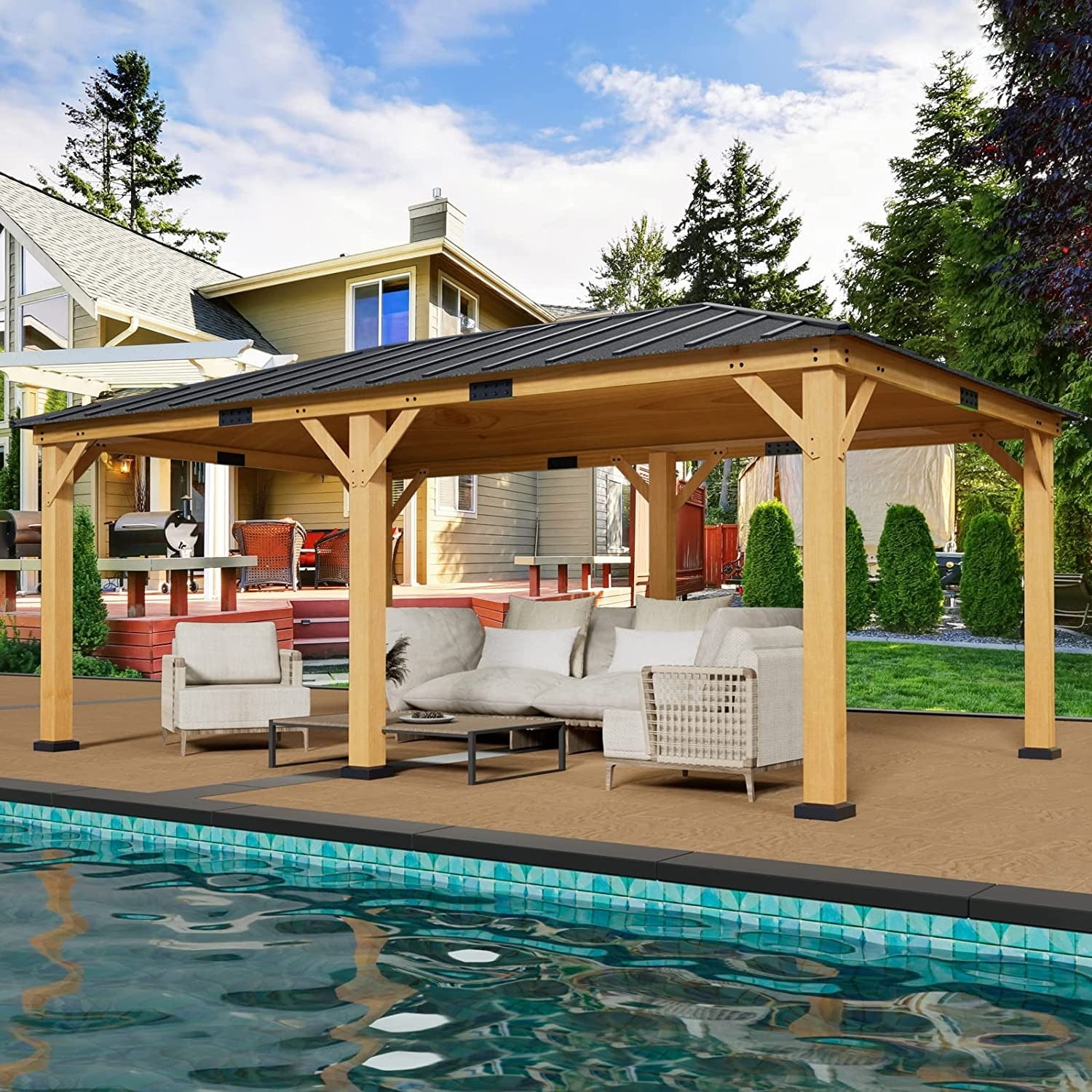 Erommy 12'x20' Cedar Wood Frame Hardtop Gazebo, Asphalt Roof with ...