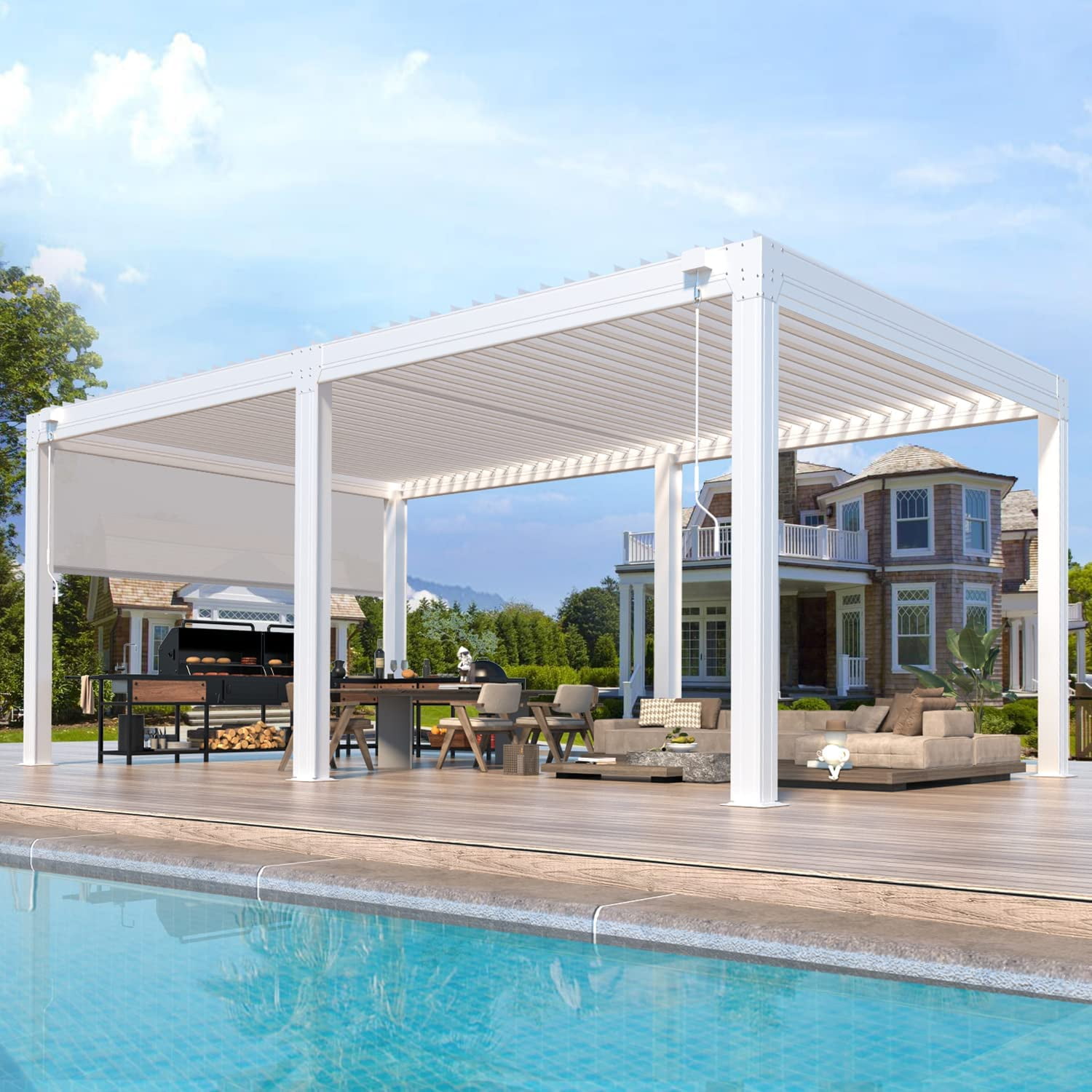 Erommy 1220 FT Aluminum Louvered Pergola with 6-Panel Pull-Down Privacy ...