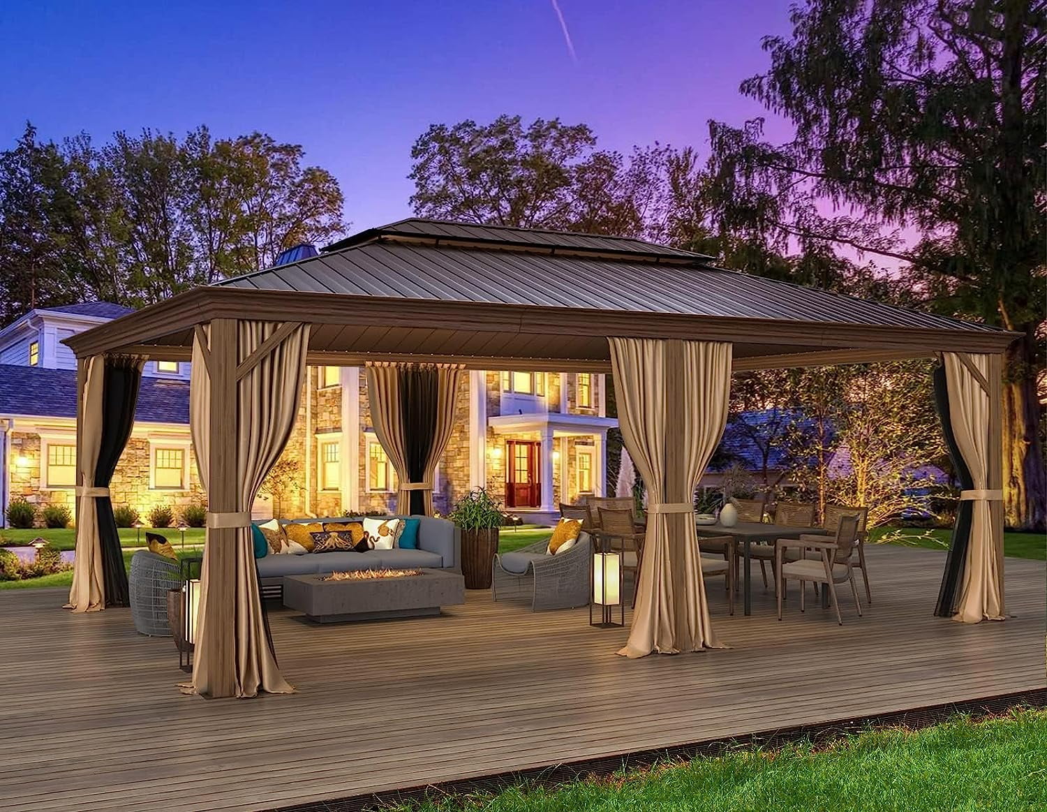 Erommy 14' x 20' Hardtop Gazebo, Wooden Finish Coated Aluminum Frame ...