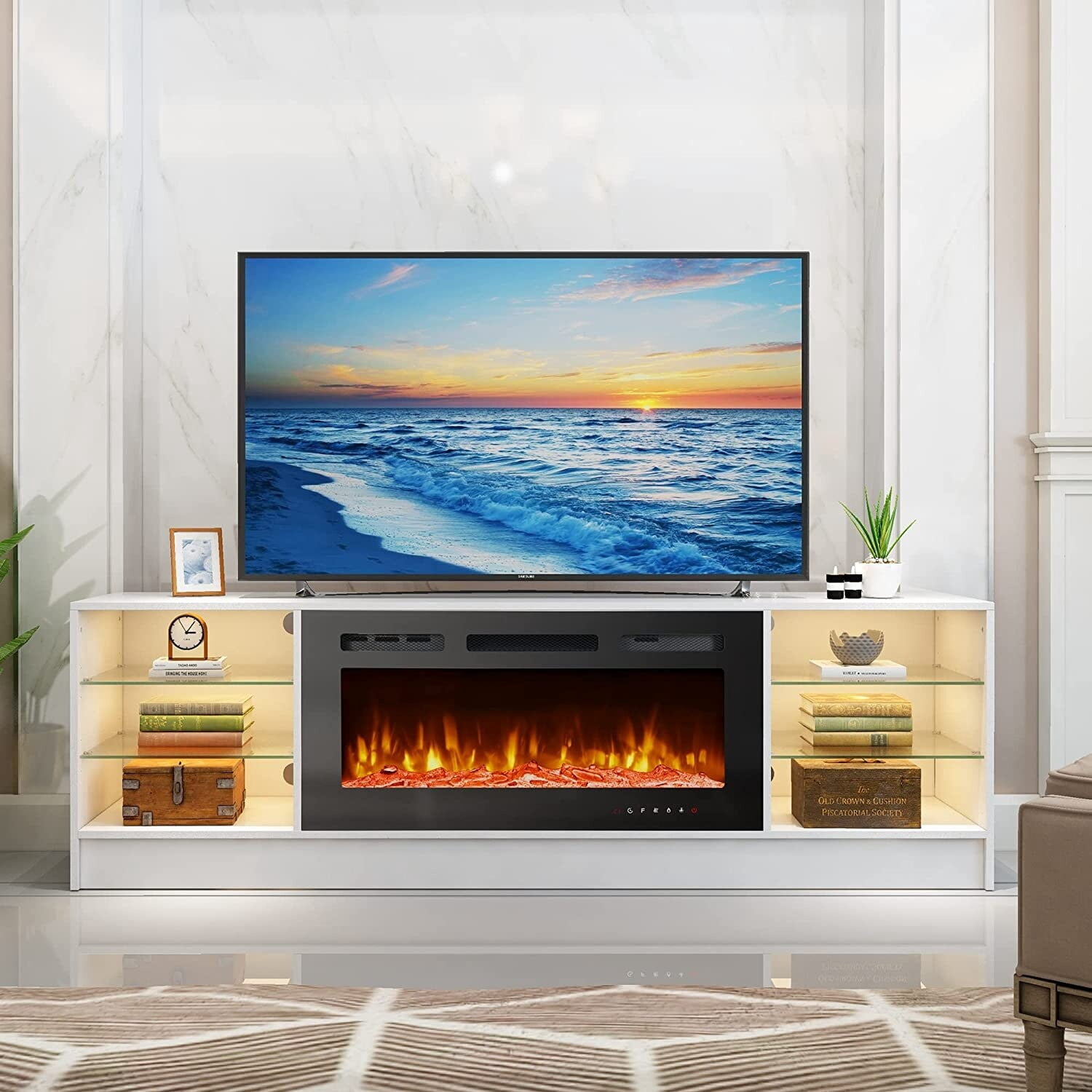 Erommy 70" Fireplace TV Stand with 36" Electric Fireplace White 70 ...