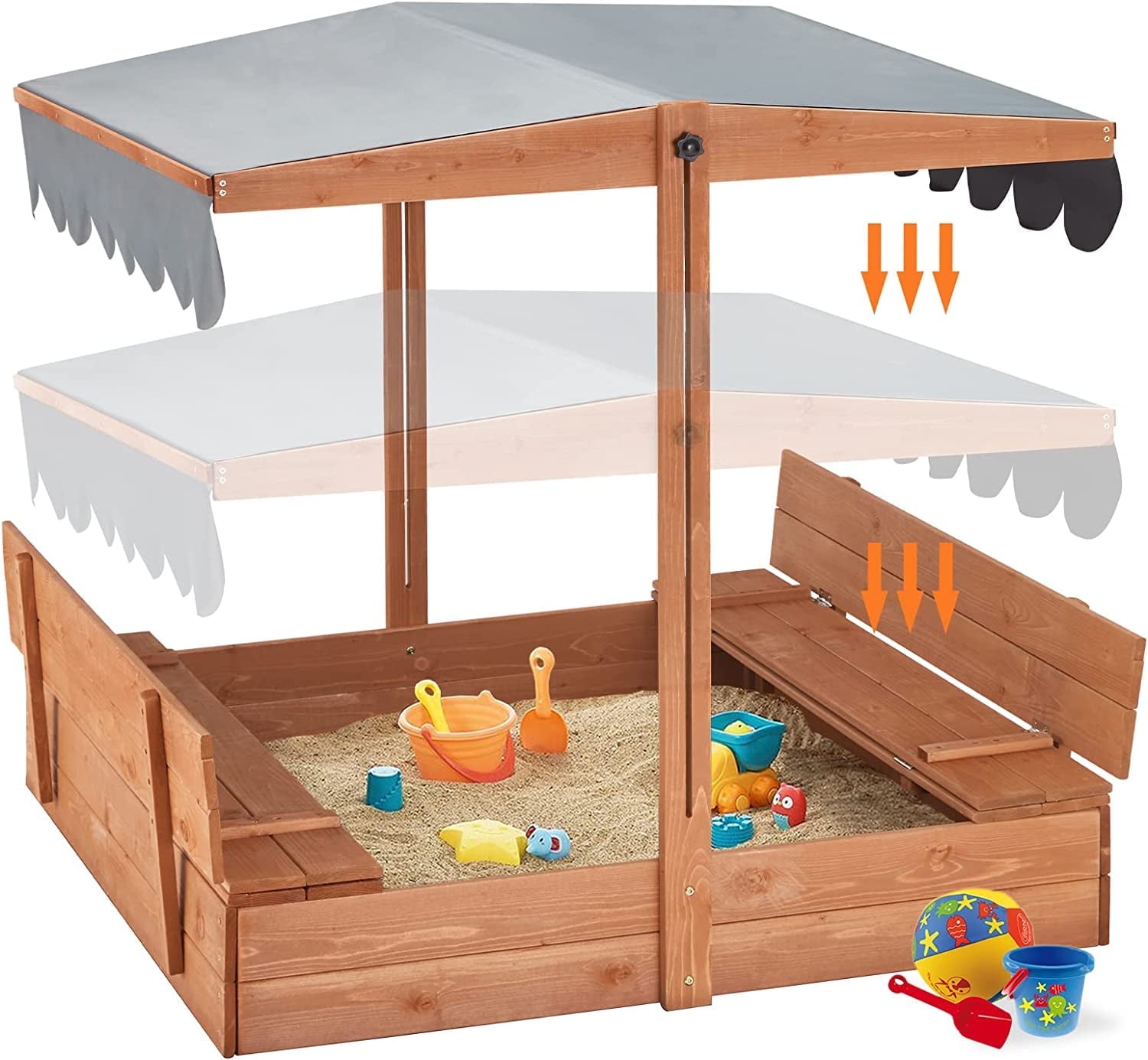 Erommy Backyard Wooden Sandbox w/ Shade Cover, Large Playground, 2 ...