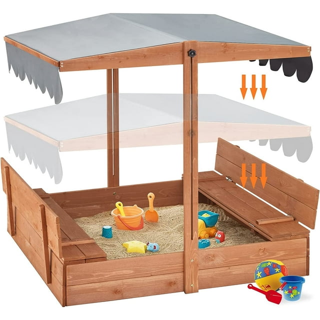 Erommy Backyard Wooden Sandbox w/ Shade Cover, Large Playground, 2 ...