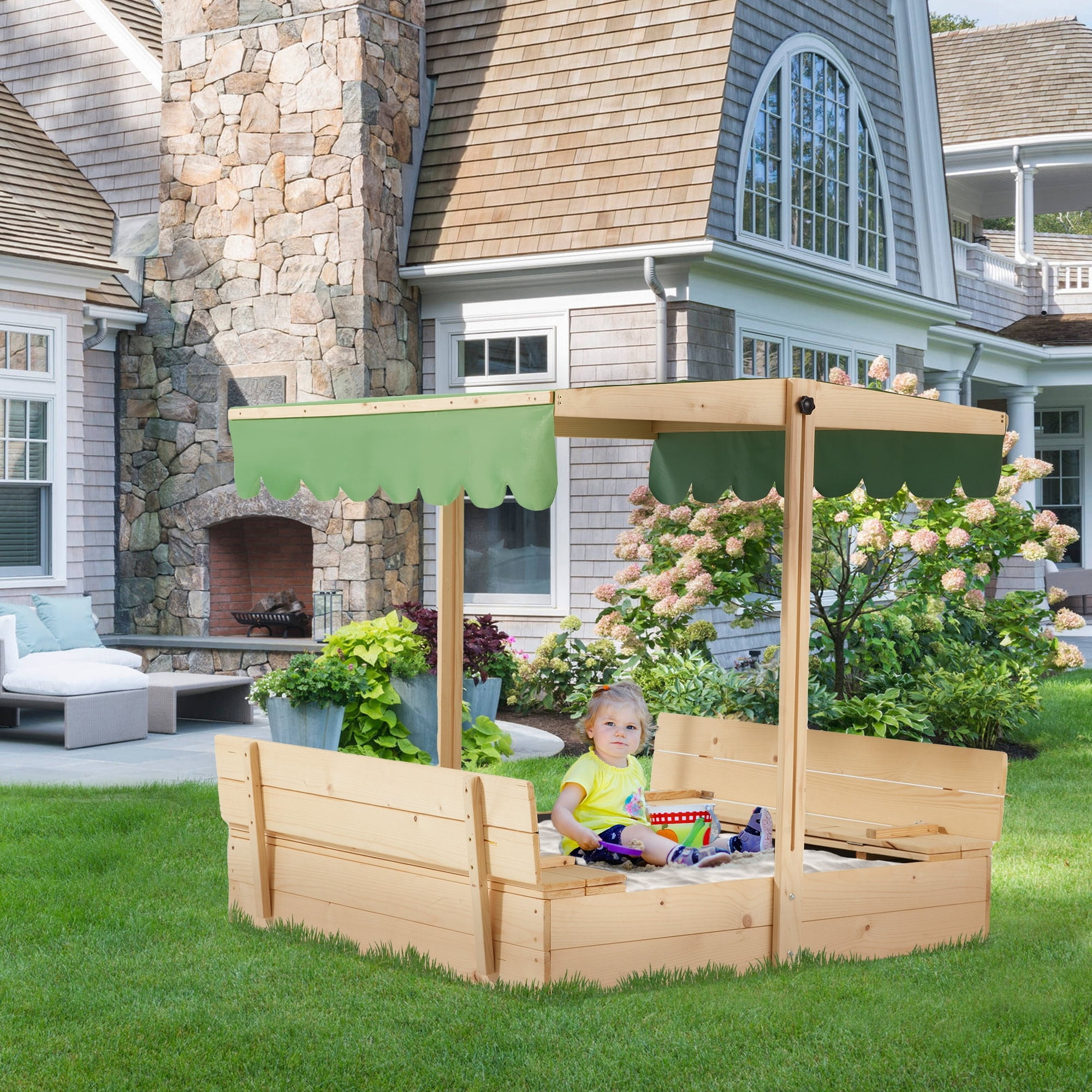 Erommy Kids Wooden Sandbox with 2 Foldable Bench Seats and Adjustable ...