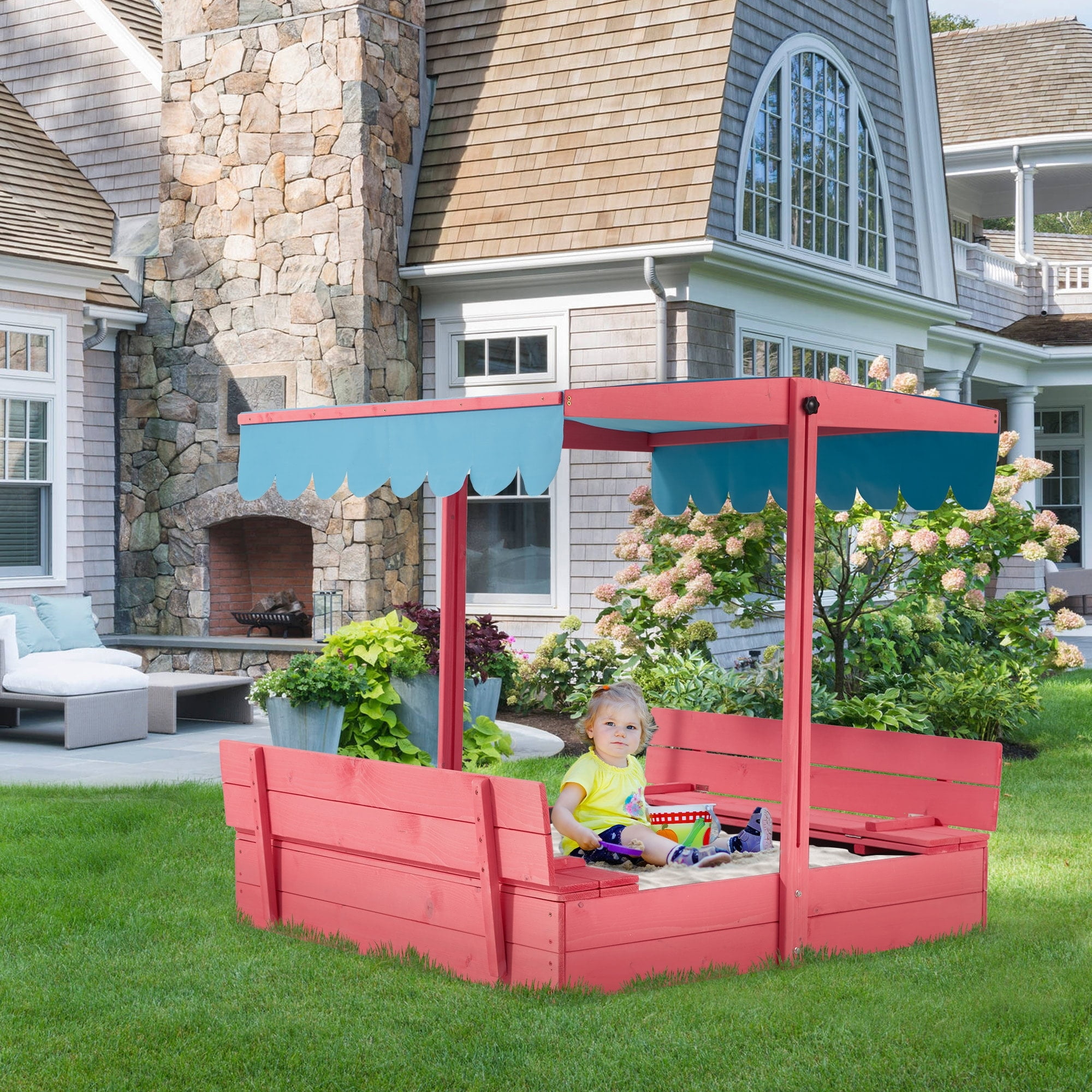 Erommy Kids Wooden Sandbox with 2 Foldable Bench Seats and Adjustable ...