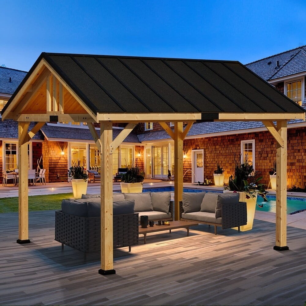 Erommy Outdoor Cedar Wood Hardtop Gazebo w Metal hardtop / Spruce Wood ...