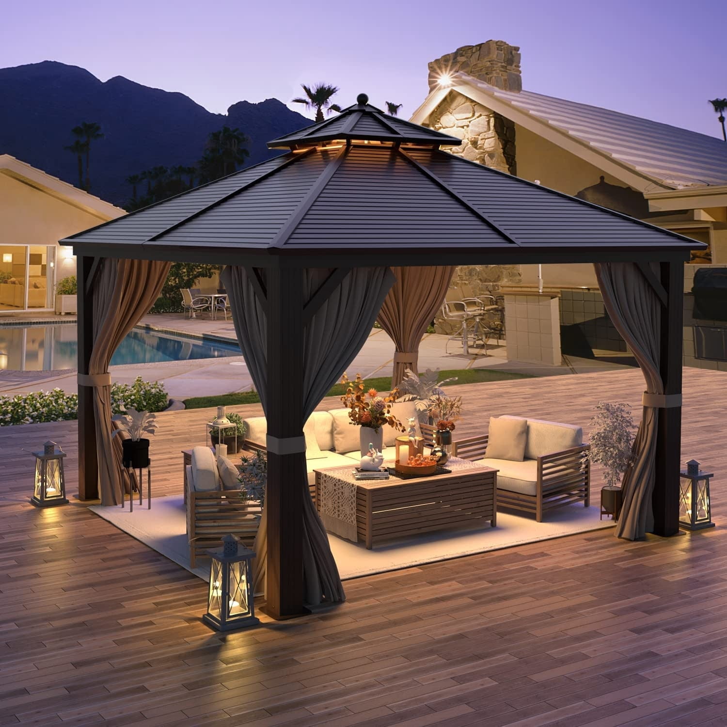 Erommy Outdoor Galvanized Steel Hardtop Patio Gazebo Pergola w/Aluminum ...