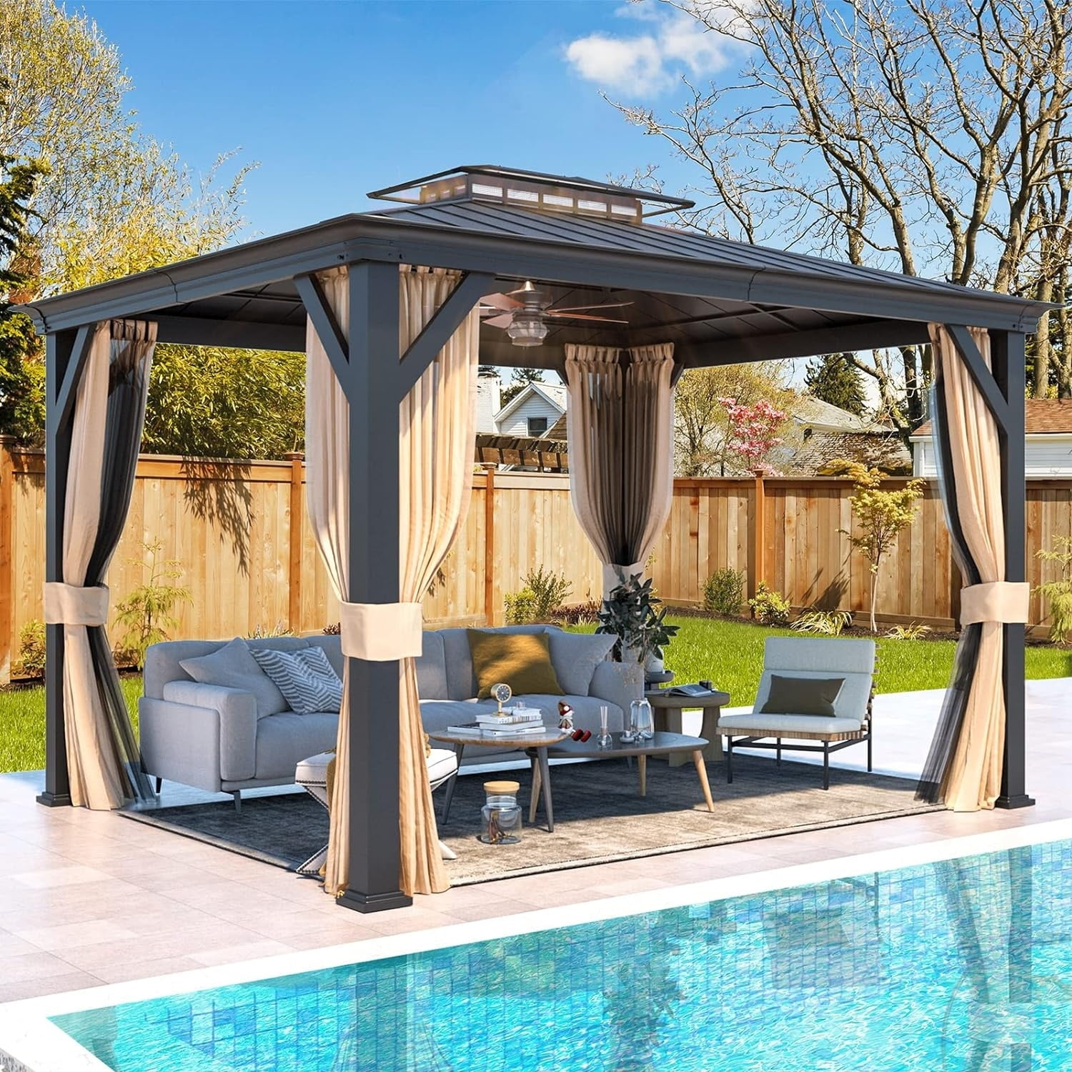 Erommy Outdoor Galvanized Steel Roof Gazebo Pergola w/ Aluminum Frame ...