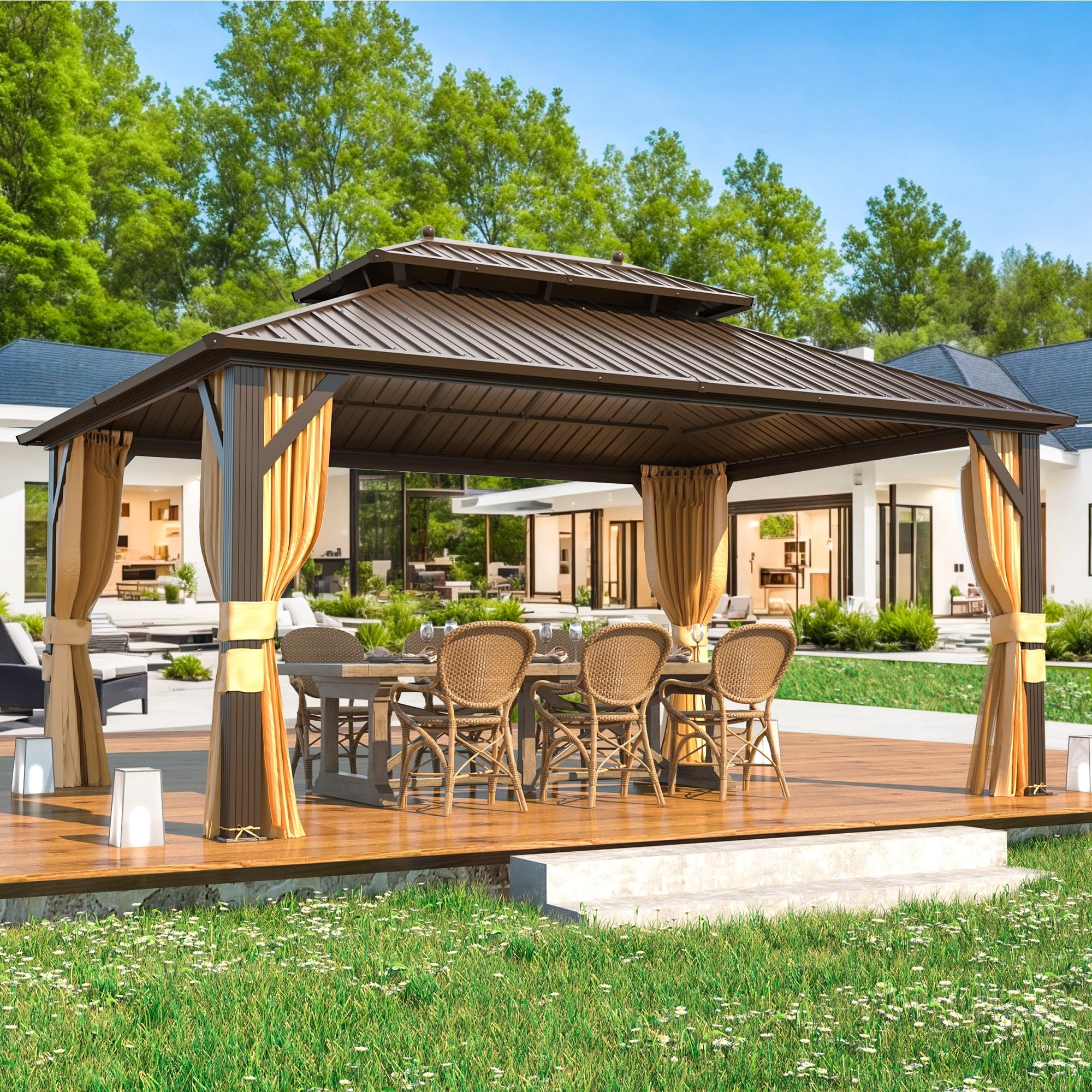 Erommy Outdoor Galvanized Steel Roof Gazebo Pergola w/ Aluminum Frame ...