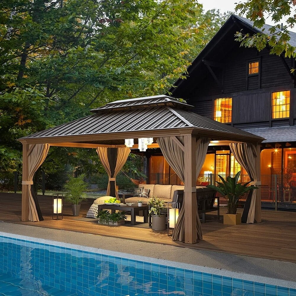 Erommy Outdoor Galvanized Steel Roof Gazebo Pergola w/ Aluminum Frame ...