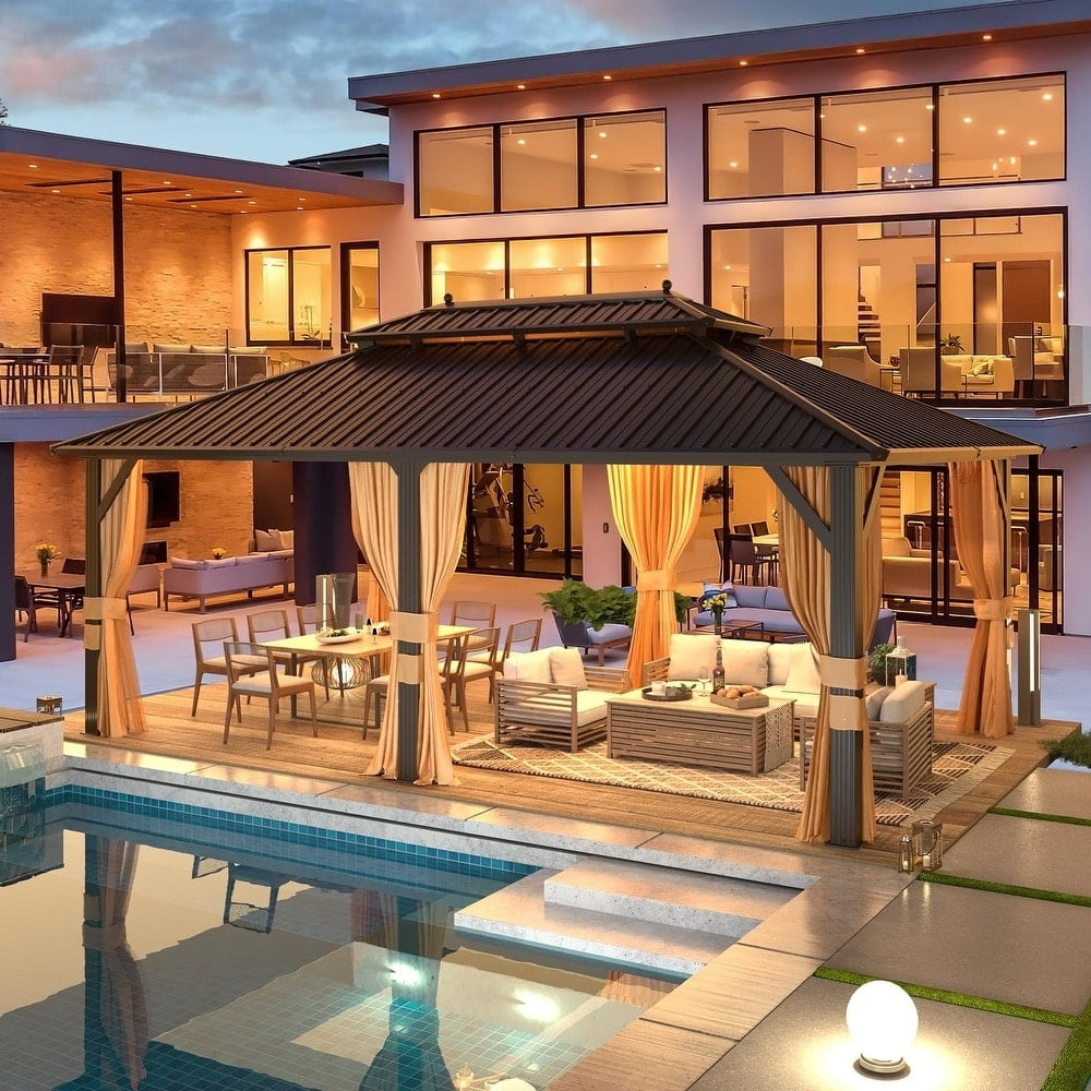 Erommy Outdoor Galvanized Steel Roof Gazebo Pergola w/ Aluminum Frame ...