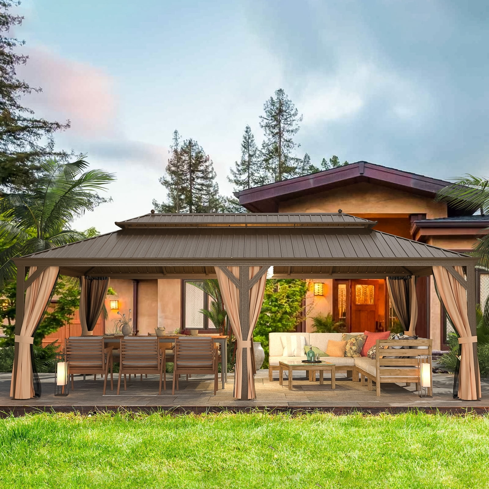 Erommy Outdoor Galvanized Steel Roof Gazebo Pergola w/ Aluminum Frame ...