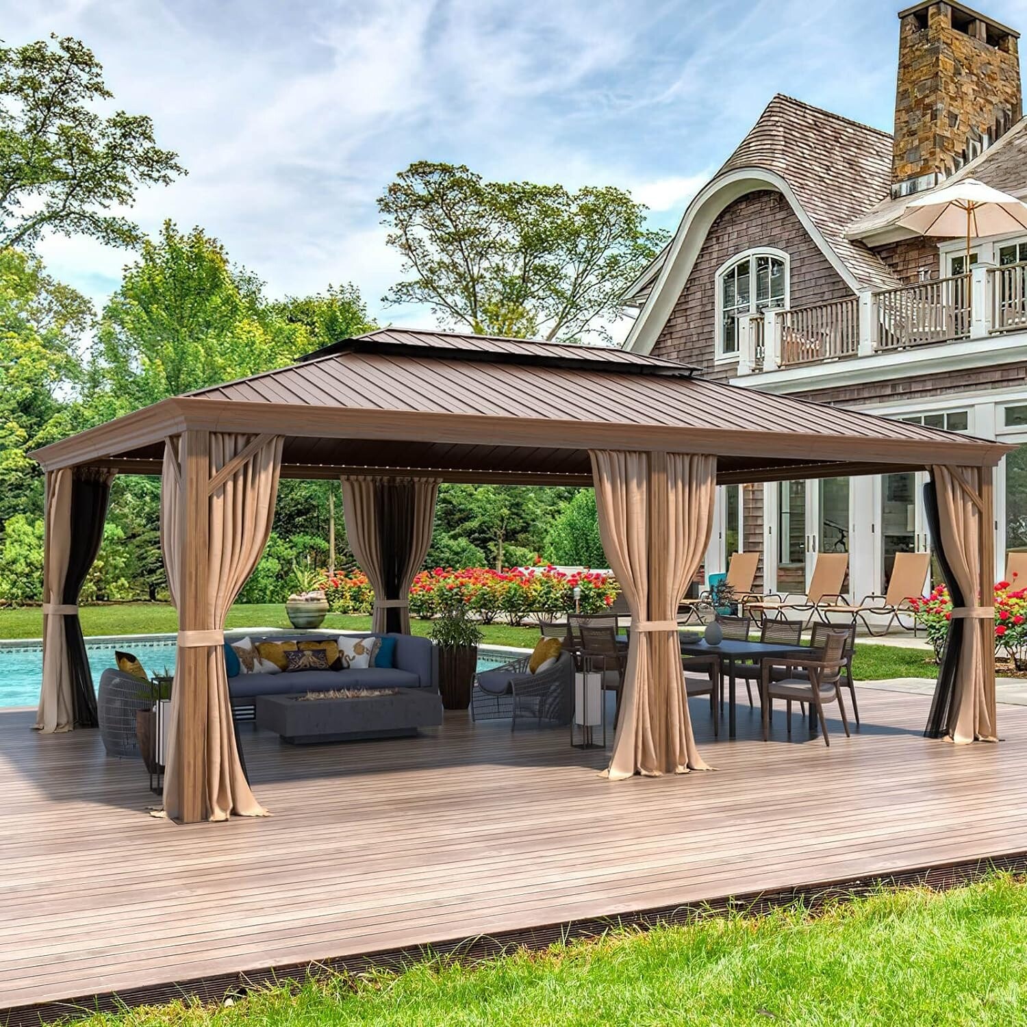 Erommy Outdoor Galvanized Steel Roof Gazebo Pergola w Wooden Coated ...