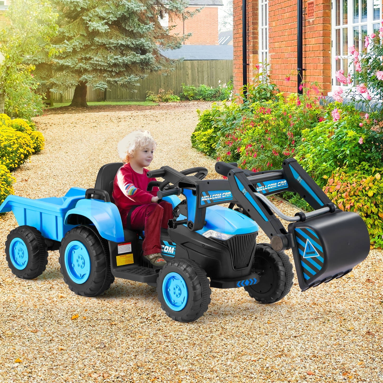 Erommy Ride On Excavator, 12V Battery Powered Tractor with Trailer ...