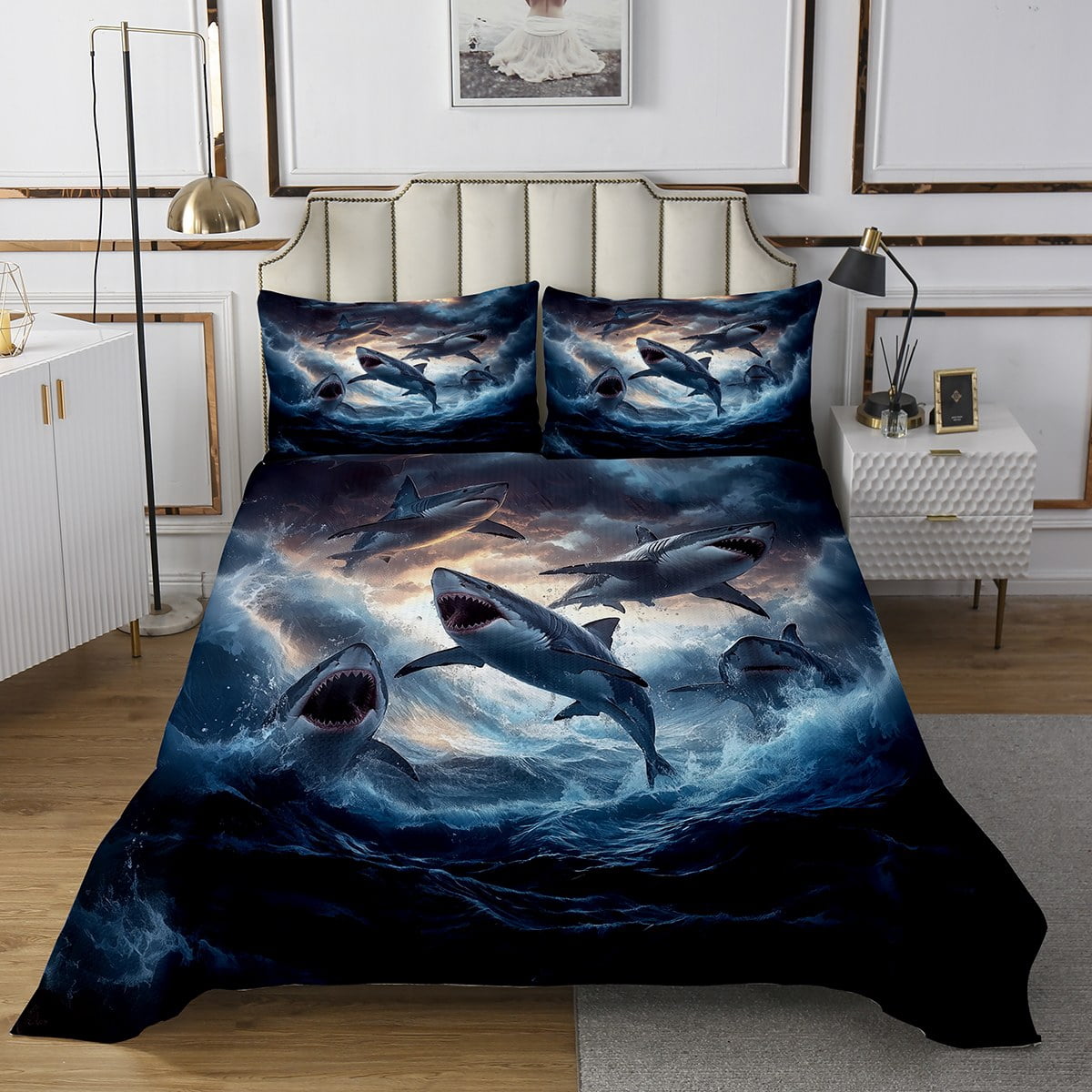 Erosebribal 3D Shark Quilt Sets for King Size Bed, Cartoon Blue Sea ...