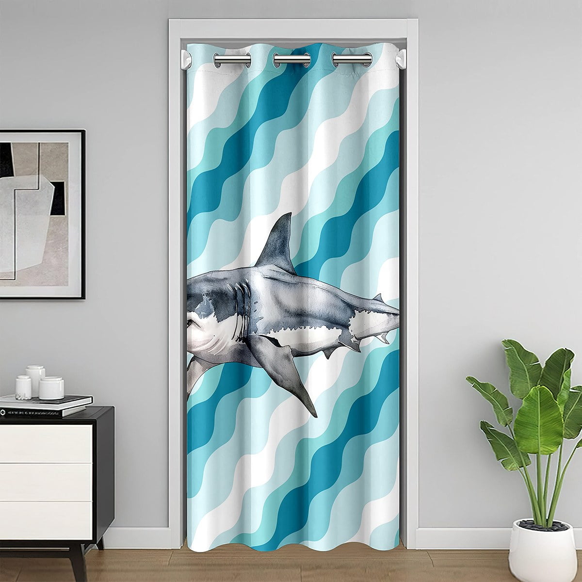 Erosebribal Cartoon Shark Room Divider Curtain 42x84, Blue Ocean Wave ...