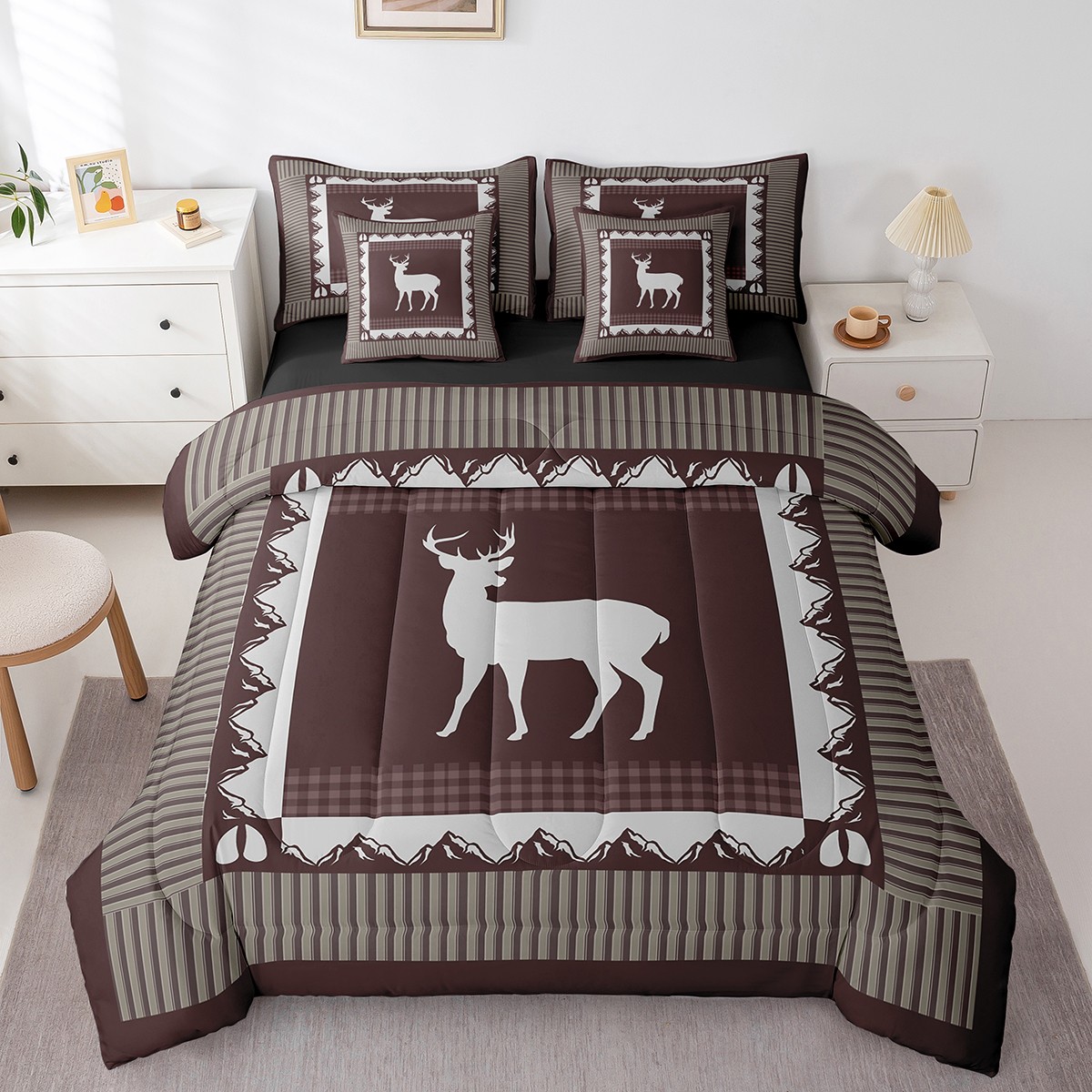 Erosebribal Hunting Moose Deer Bed in a Bag Twin size, Brown Stripe Bed ...