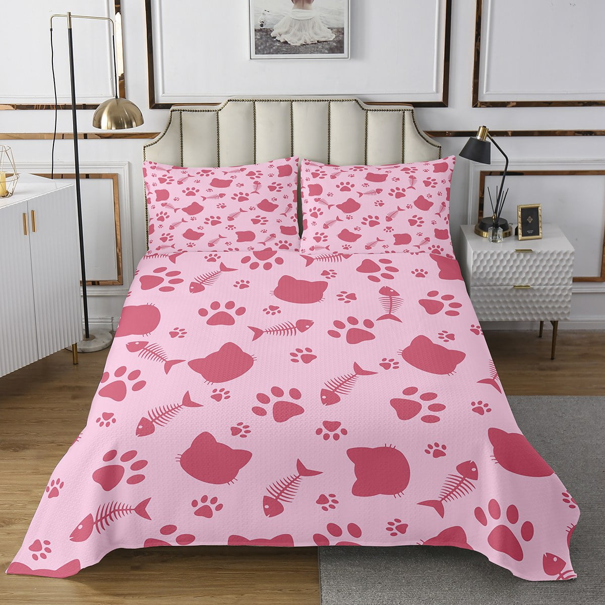 Erosebribal Kawaii Kitten Bedspread Sets Queen Size, Dog Paw Print Fish ...
