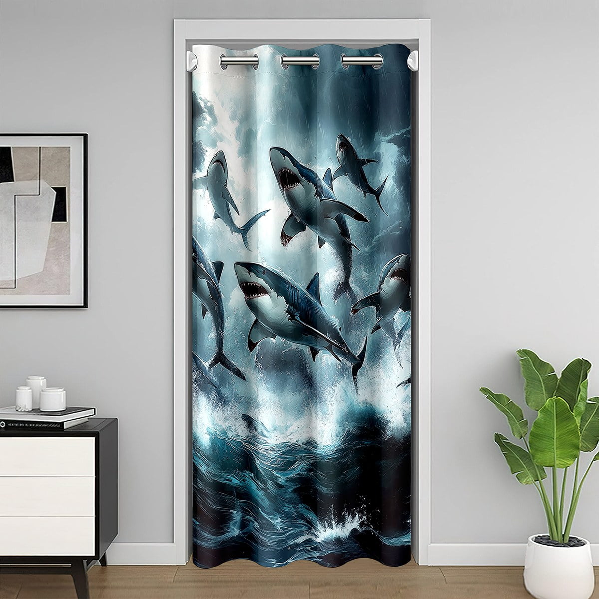 Erosebribal Wild Shark Room Divider Curtain 42x80, Blue Sea Wave Door ...