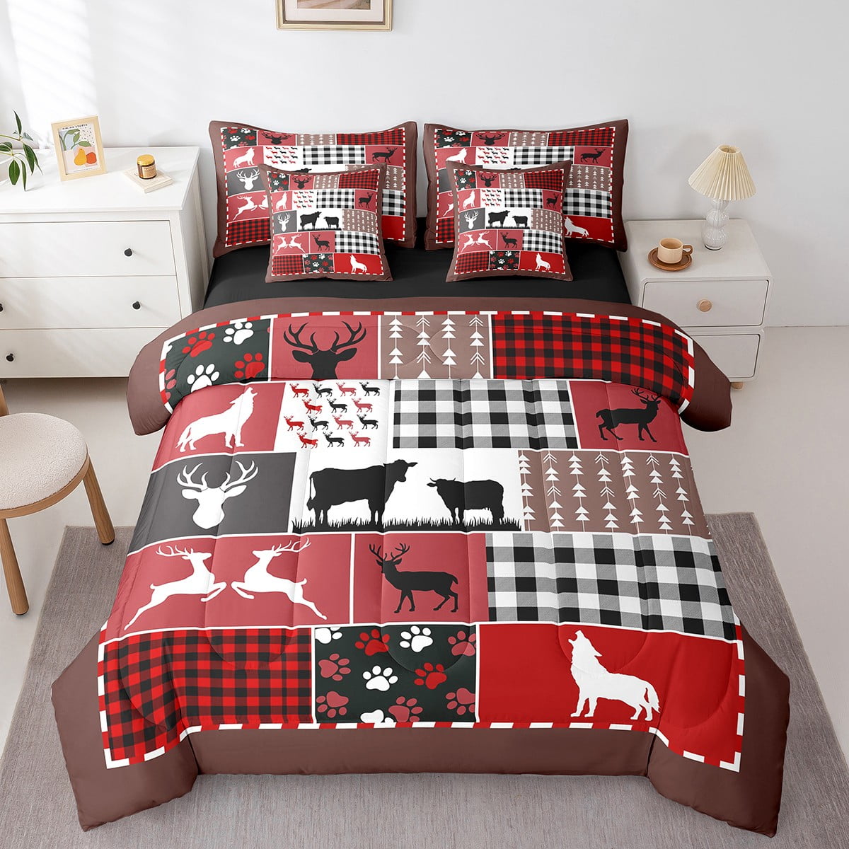 Erosebribal Woodland Jungle Animal Bed in a Bag King size, Red Black ...