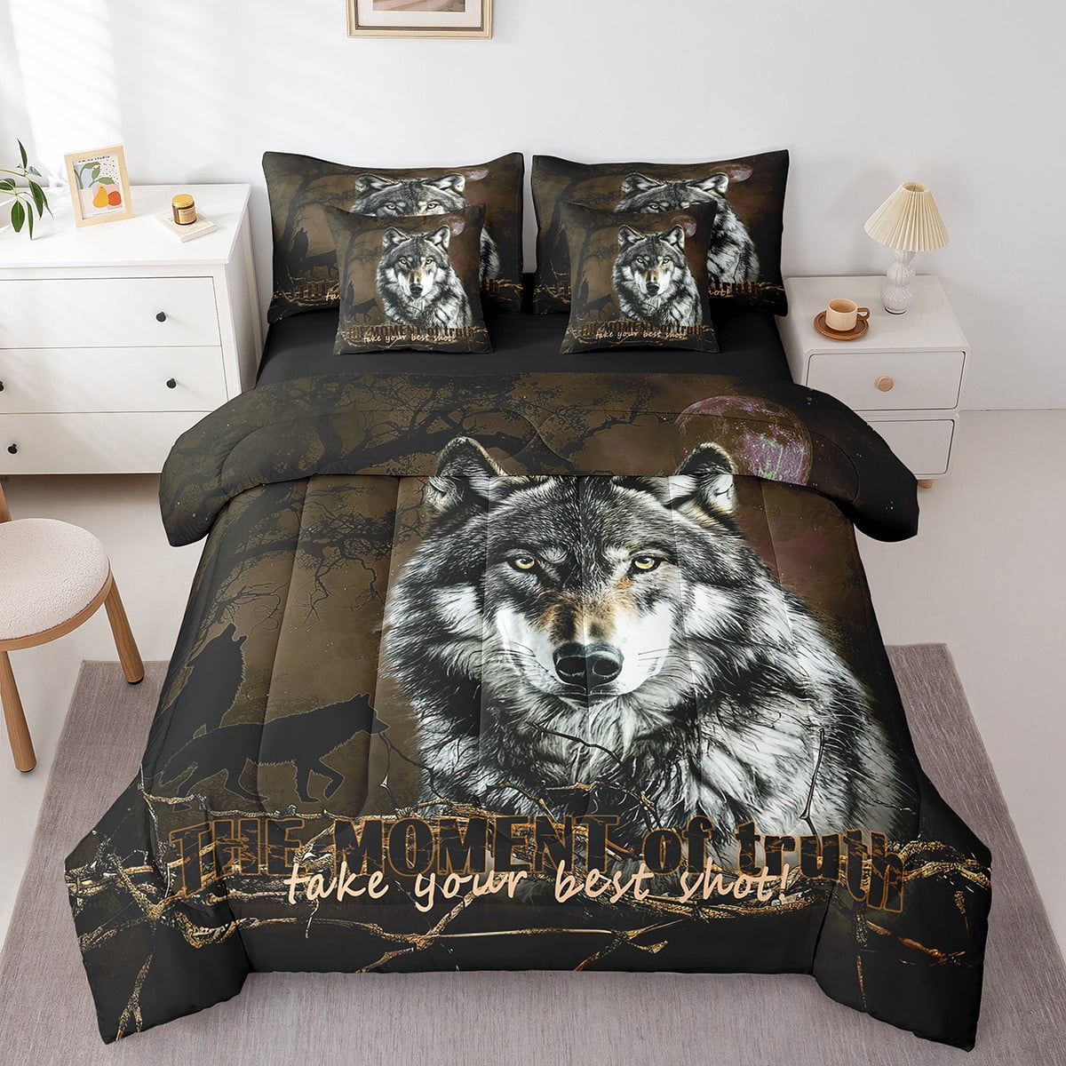 Erosebrida 3D Wolf Comforter Night Galaxy Moon Wolf Bedding Set With ...