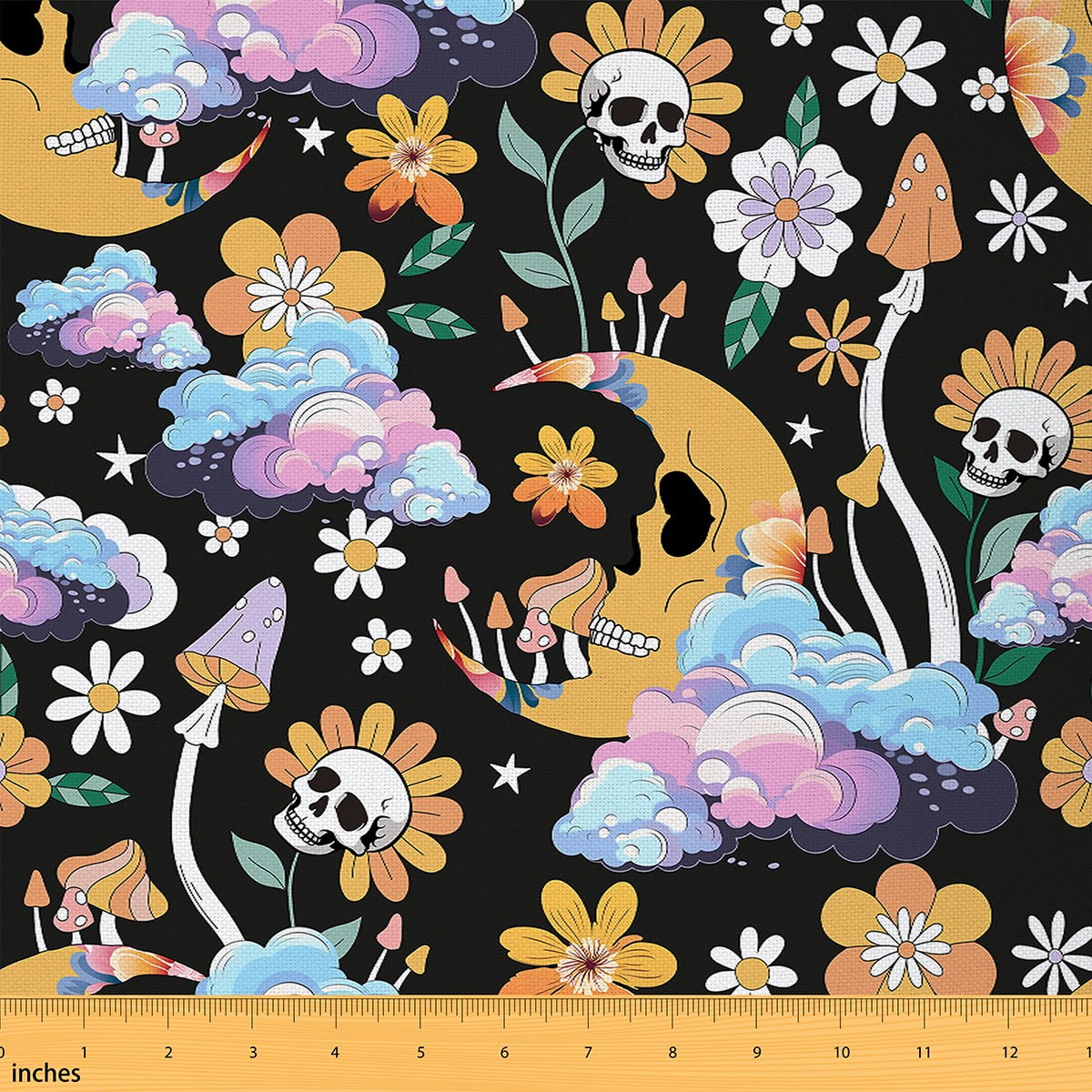 Erosebrida Natural Wild Fungus Fabric By The Yard,Gothic Skull Flowers ...