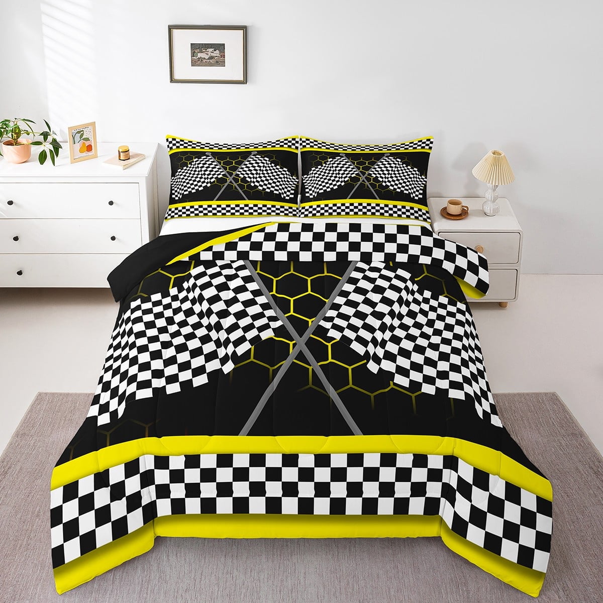 Erosebrida Racing Flag Comforter Sets Twin Size, Neon Yellow Honeycomb ...