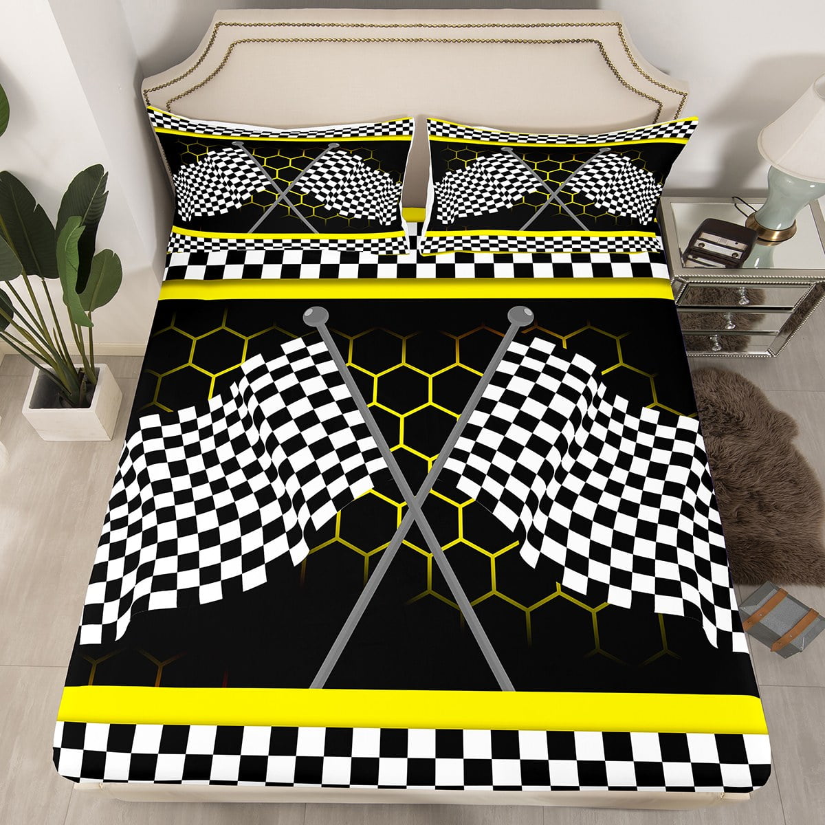 Erosebrida Racing Flag Fitted Sheet Twin, Neon Yellow Honeycomb Bedding ...