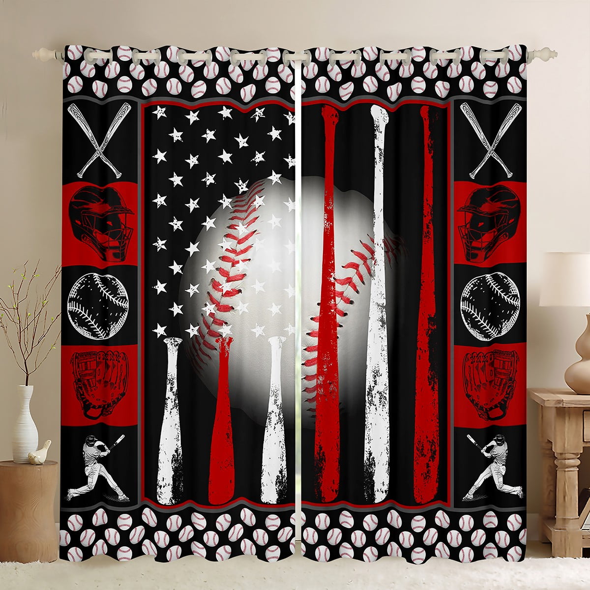 Erosebridal 3D Baseball Curtains for Living Room, Black Red 30%-50% ...