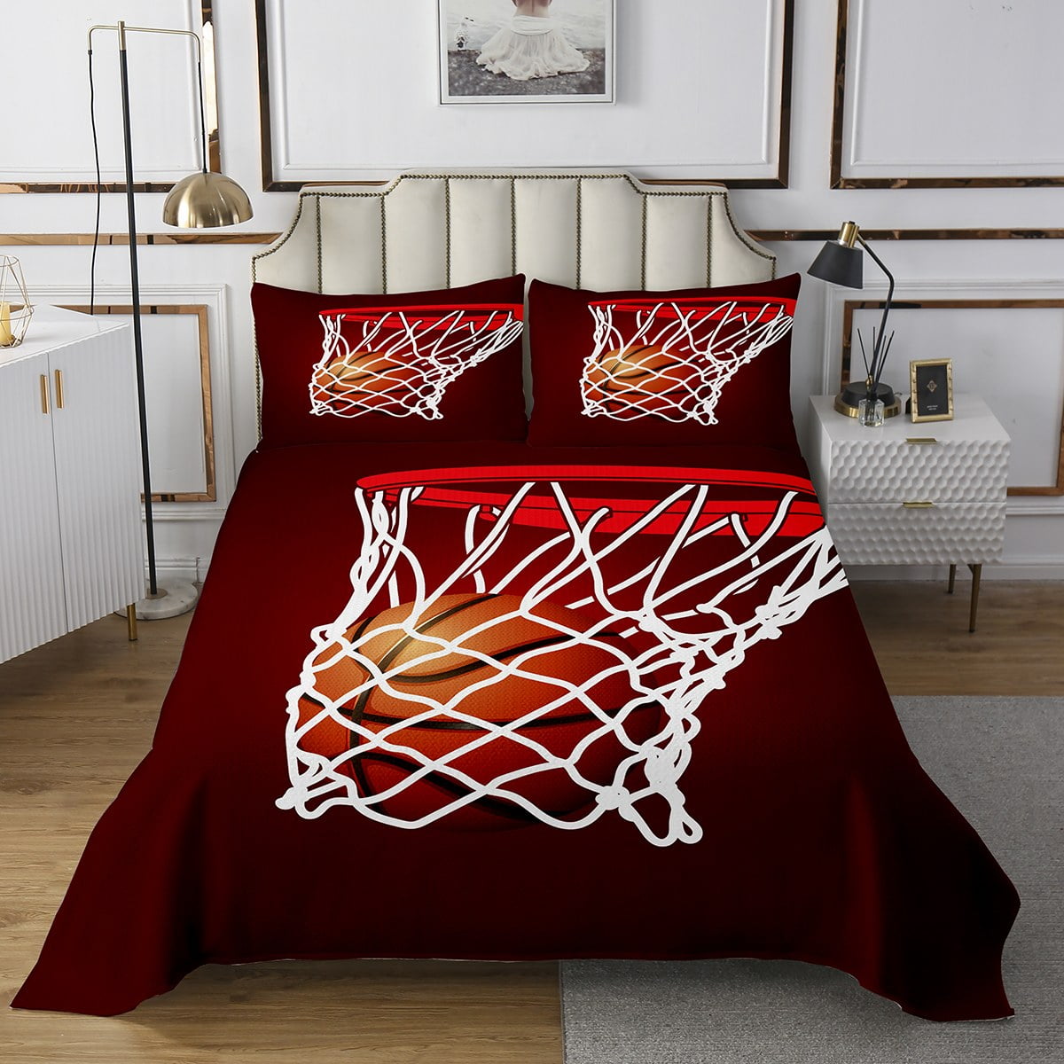 Erosebridal 3D Basketball Quilt Sets for Queen Size Bed, Red Orange Bed ...