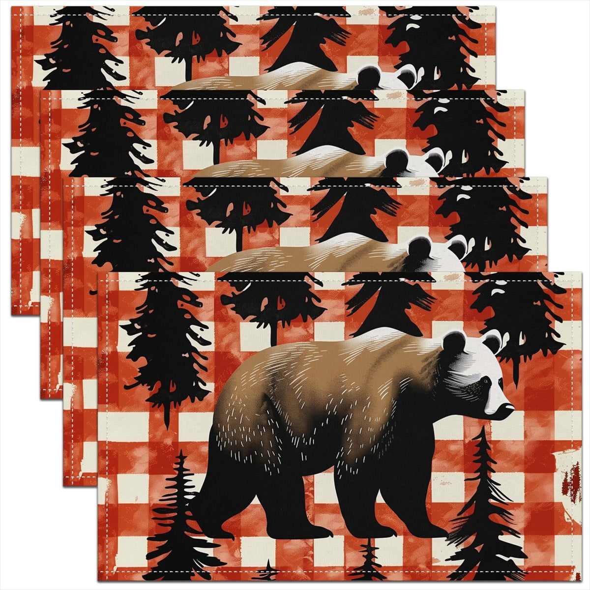 Erosebridal 3D Bear Pine Tree Placemats Set of 4, Red Beige Grid ...
