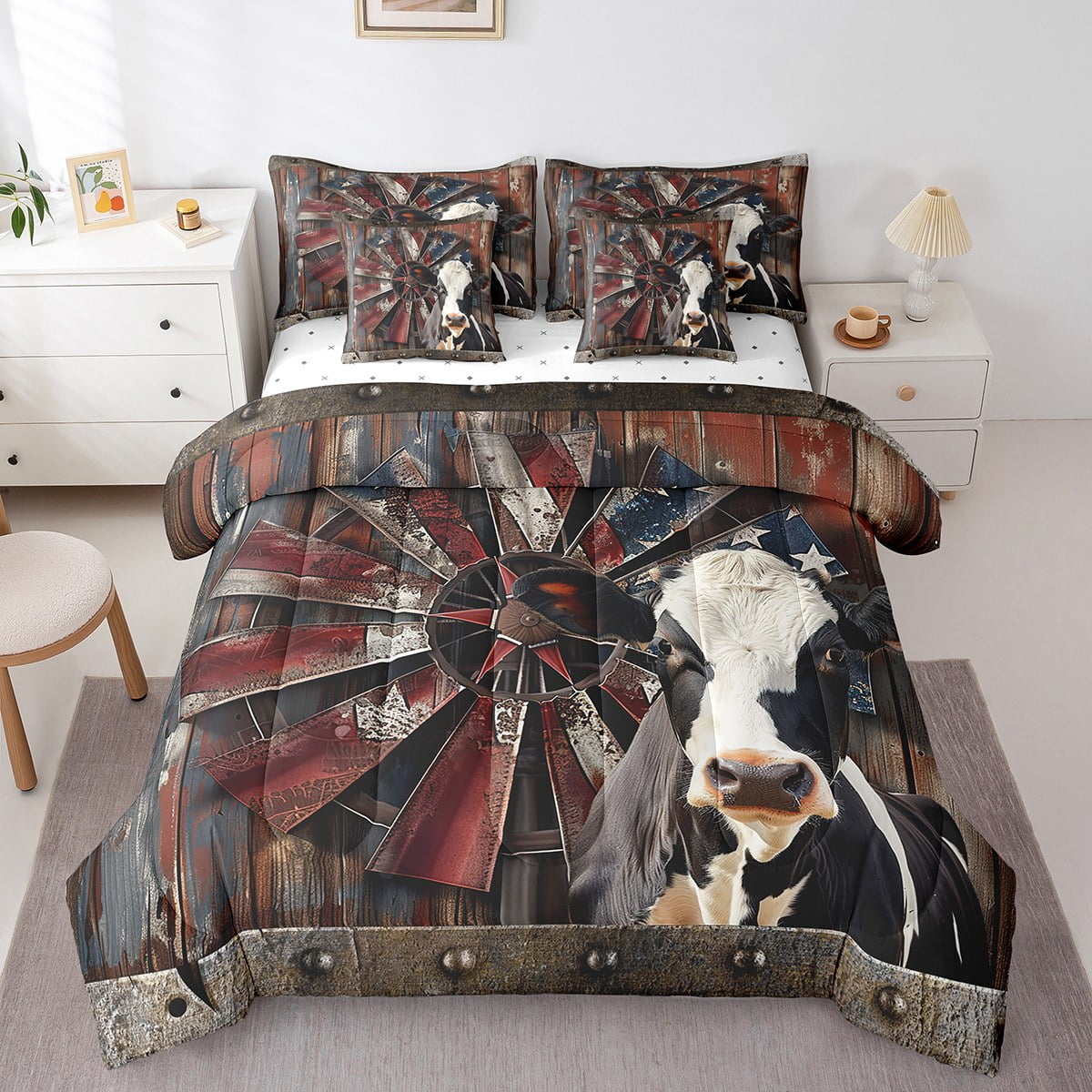 Erosebridal 3D Cow Print Bedding Sets Queen with Comforter, Wooden Plank Duvet Insert, Rustic ...