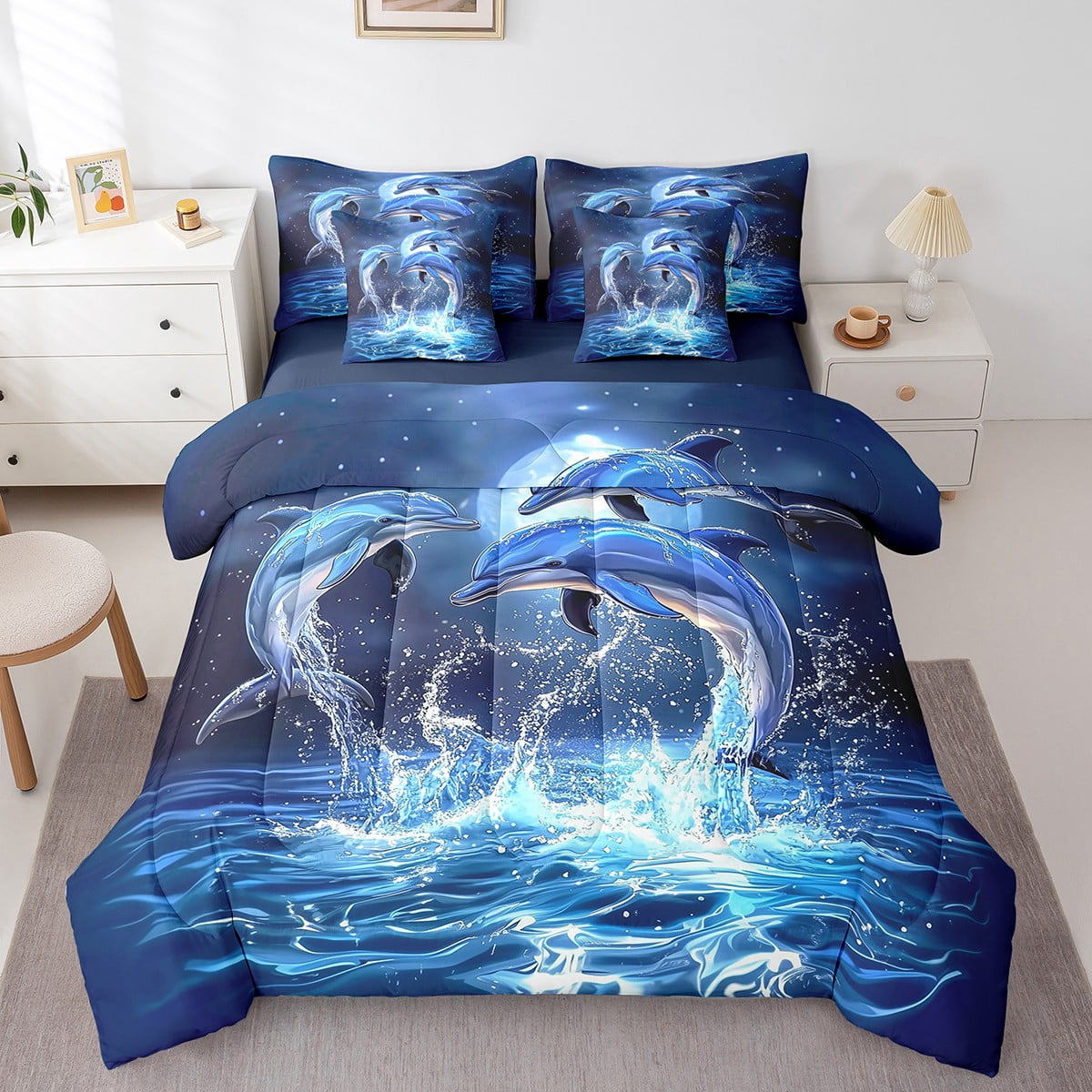 Erosebridal 3D Dolphin Bed in a Bag Twin size, Blue Ocean Bed Set, Dreamy Room Decor, Reversible ...