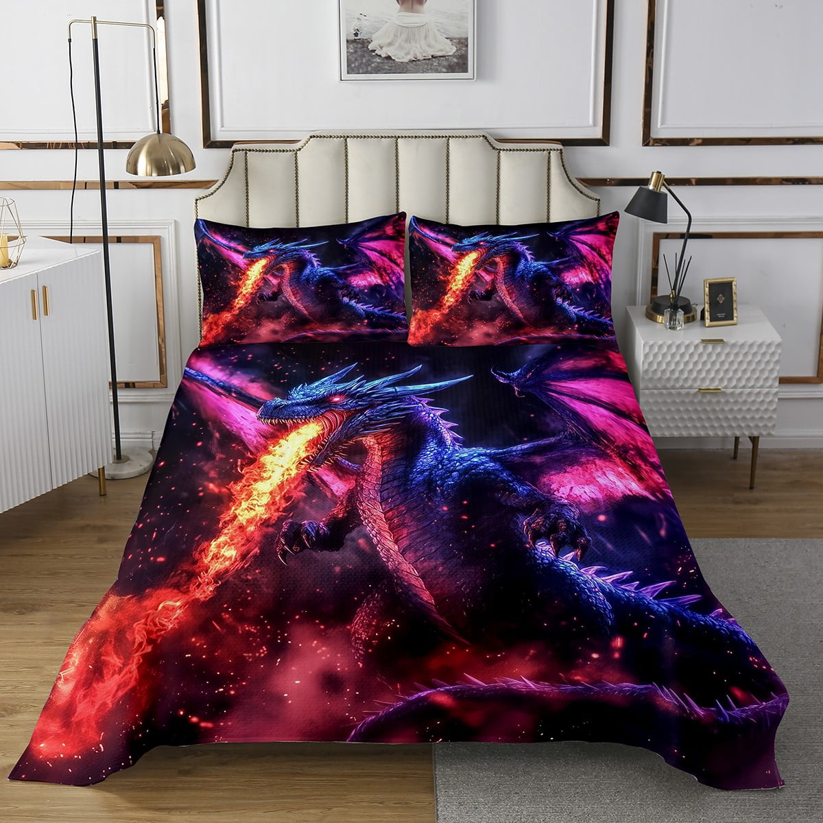 Erosebridal 3D Dragon Coverlet Set Queen, Purple Fire Dragon Bedding ...