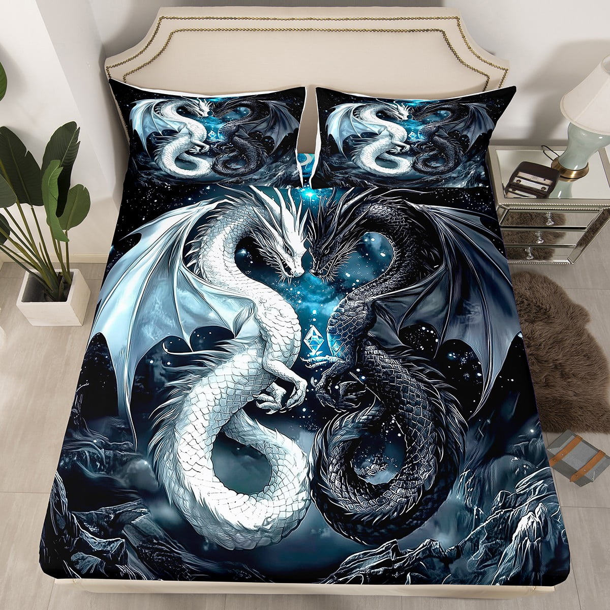 Erosebridal 3D Dragon Fitted Sheet Queen,Ancient Wildlife Animal Fitted ...