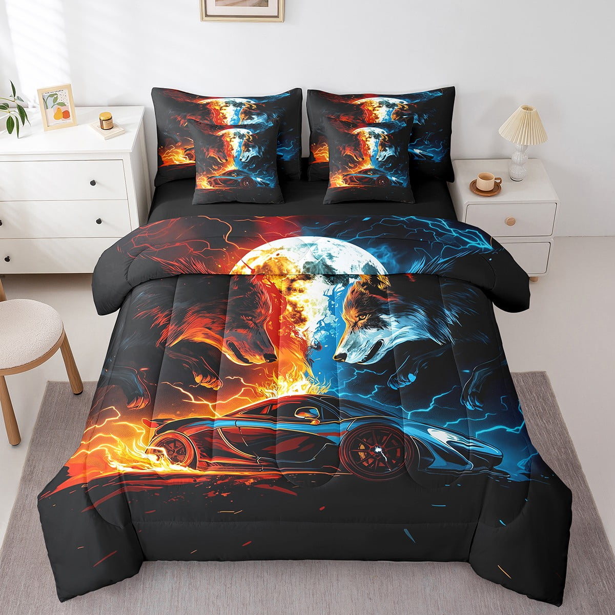 Erosebridal 3D Fire Wolves Bed in a Bag Full Size,Black Sports Car Bed ...